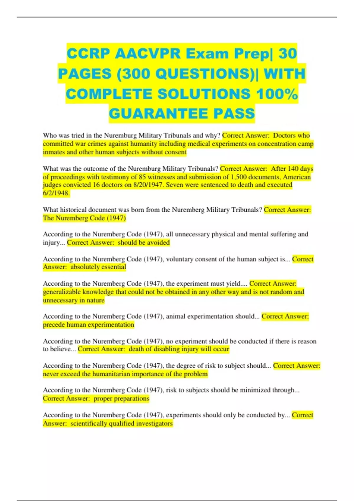 CCRP AACVPR Exam Prep| 30 PAGES (300 QUESTIONS)| WITH COMPLETE ...