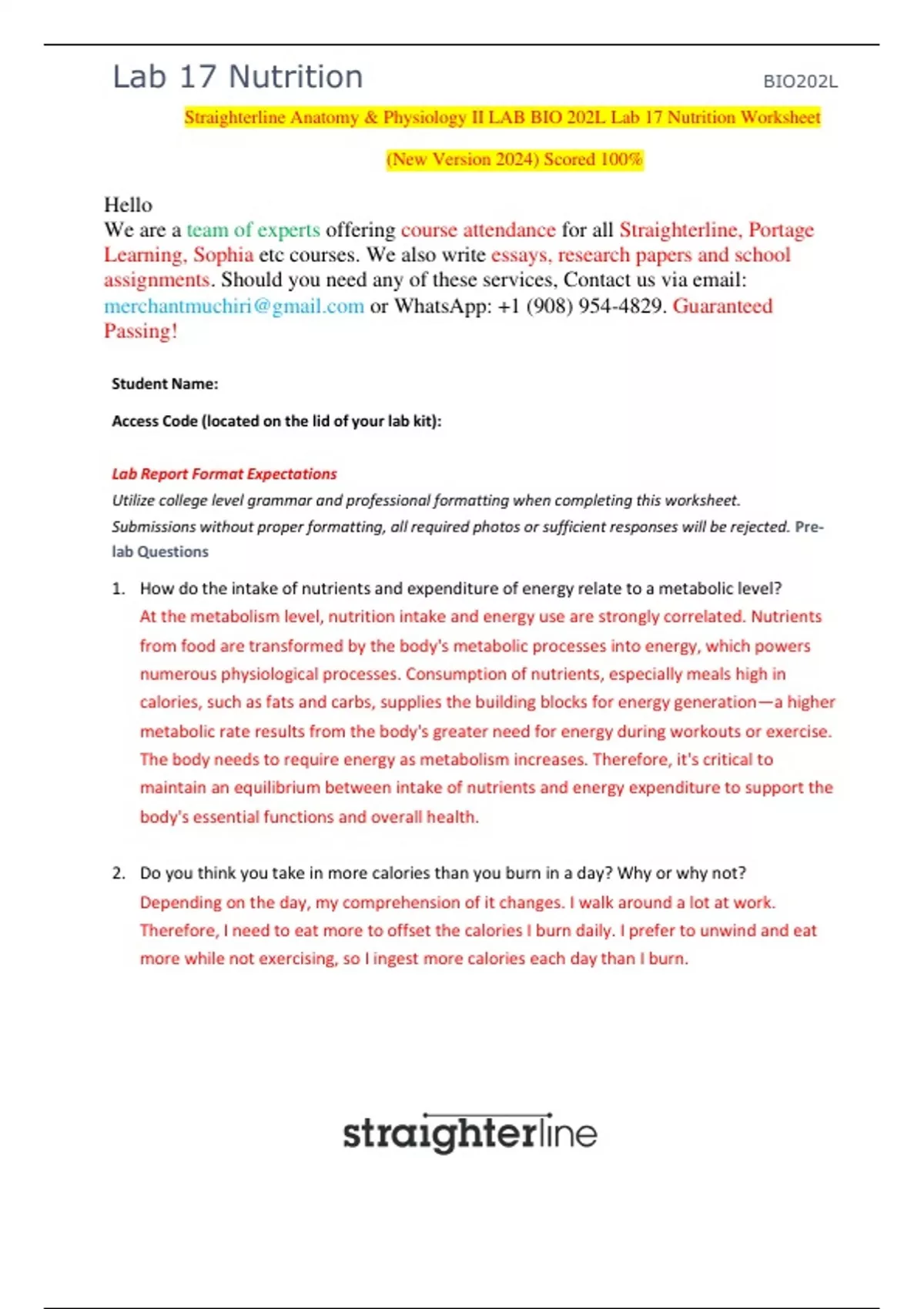Straighterline Anatomy & Physiology II LAB BIO 202L Lab 17 Nutrition ...