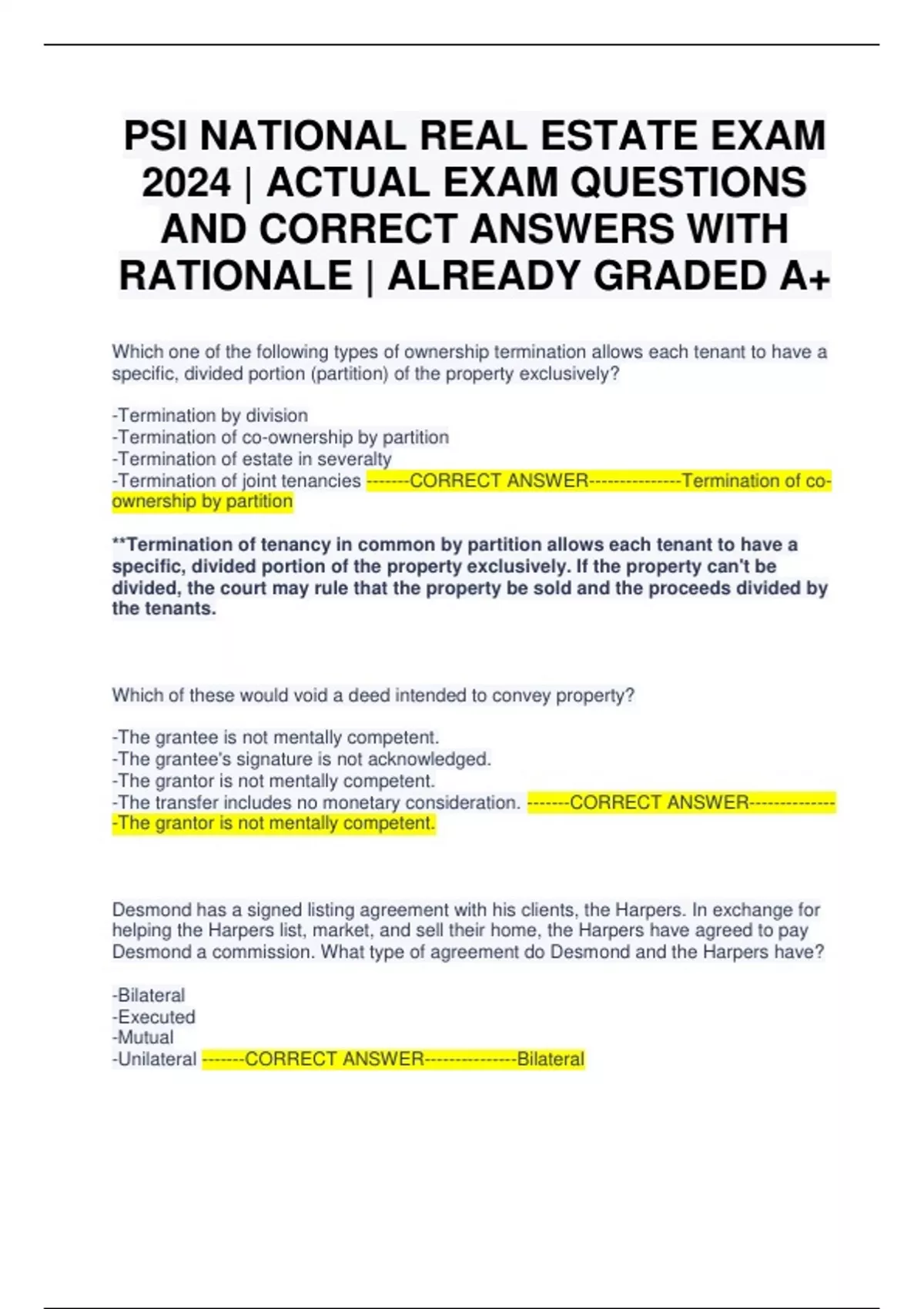 PSI NATIONAL REAL ESTATE EXAM BUNDLE 2024 | ACTUAL EXAM QUESTIONS AND ...
