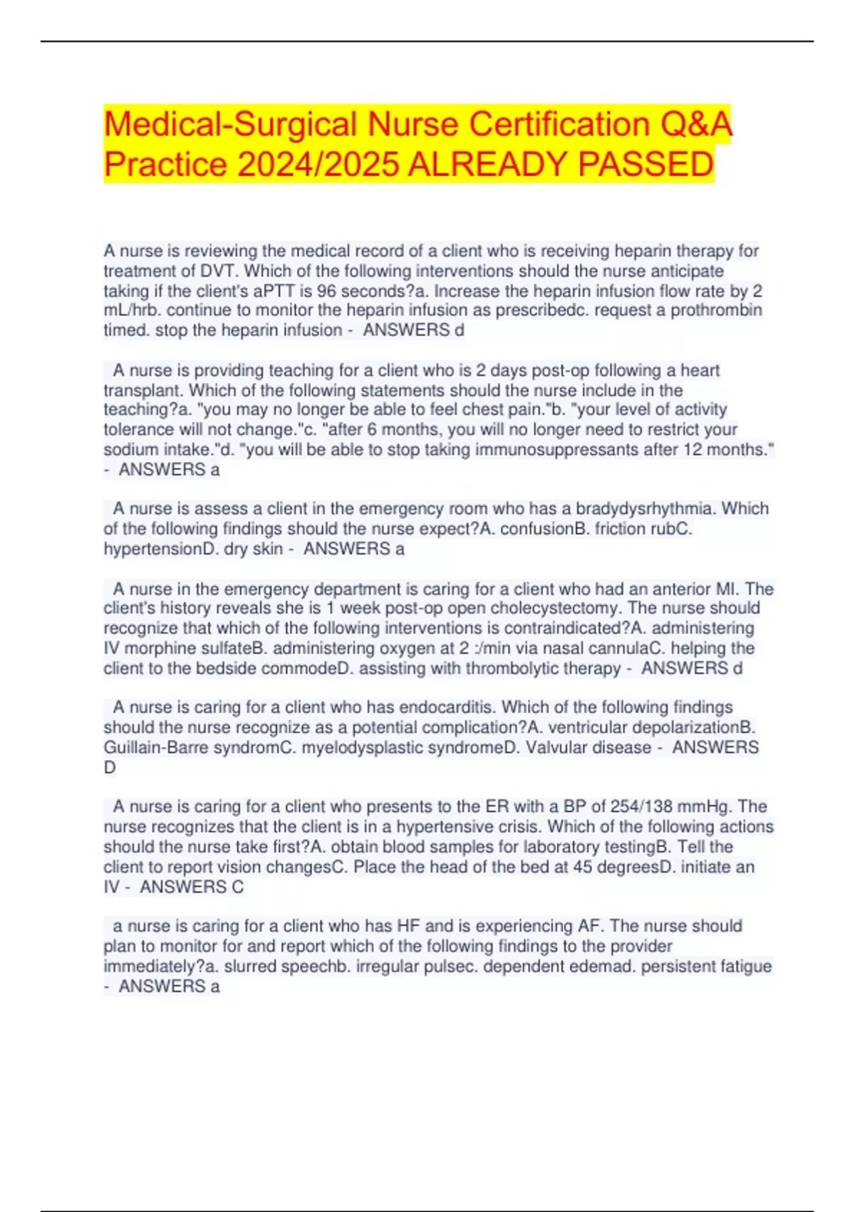 Medical-Surgical Nurse Certification Q&A Practice 2024/2025 ALREADY ...