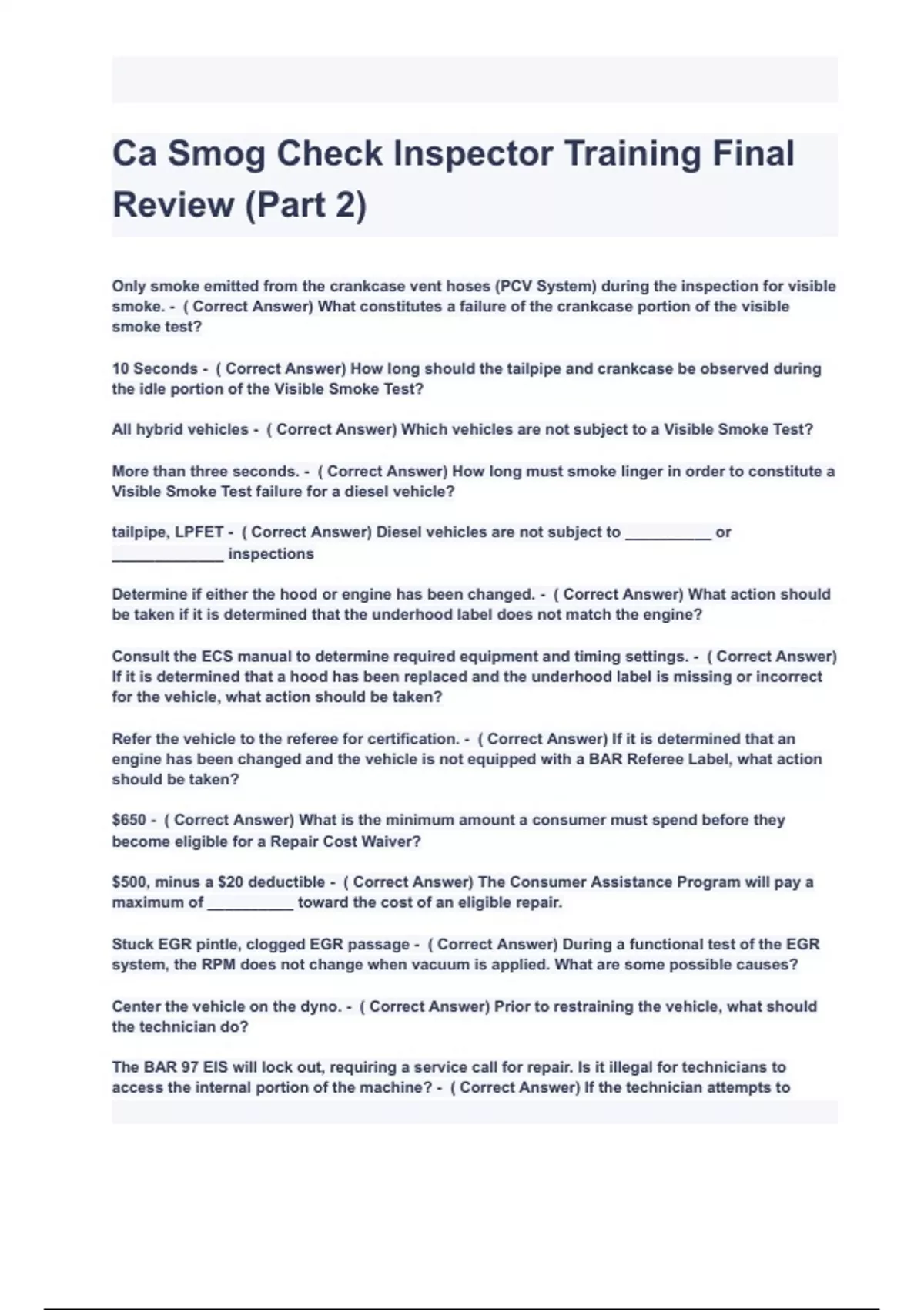 Ca Smog Check Inspector Training Final Review (Part 2) Exam Questions ...