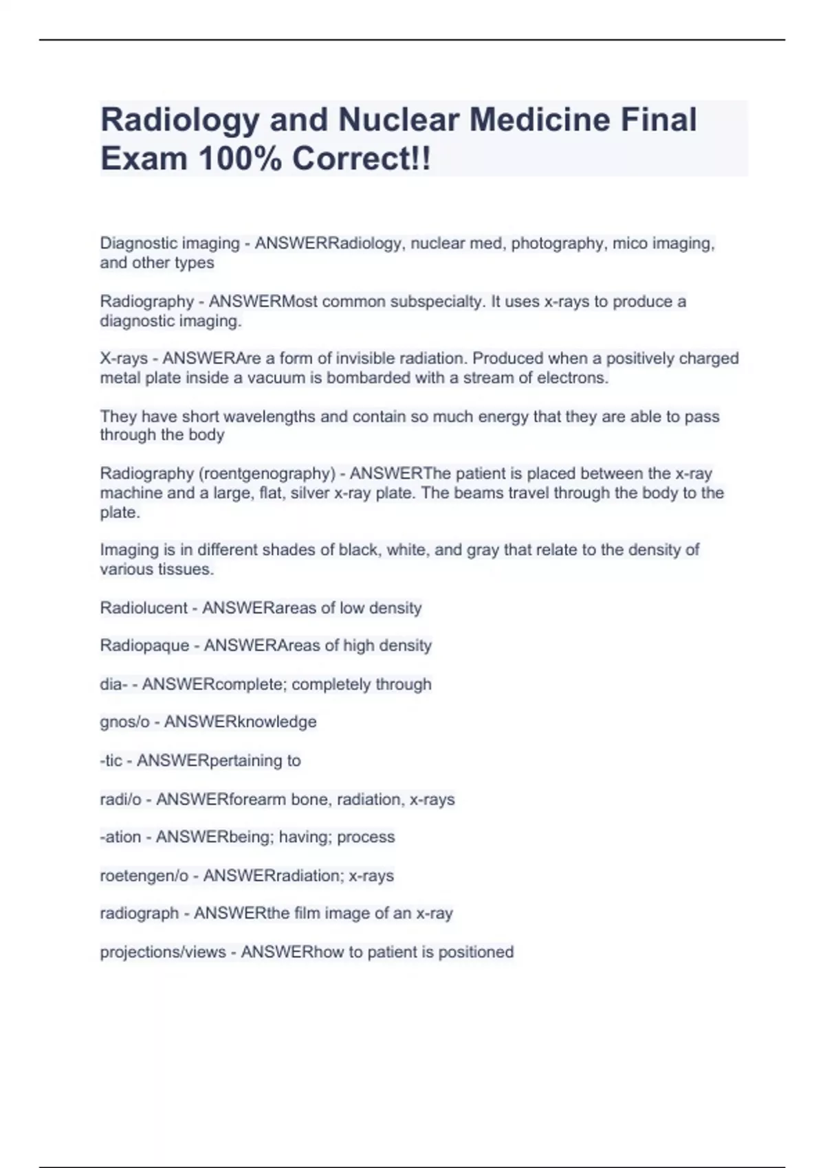 Radiology and Nuclear Medicine Final Exam 100% Correct!! - Radiology ...