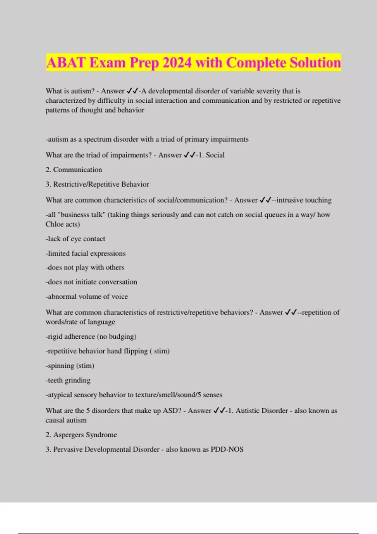 ABAT Exam Prep 2024 with Complete Solution - Autism Core Knowledge - Stuvia US