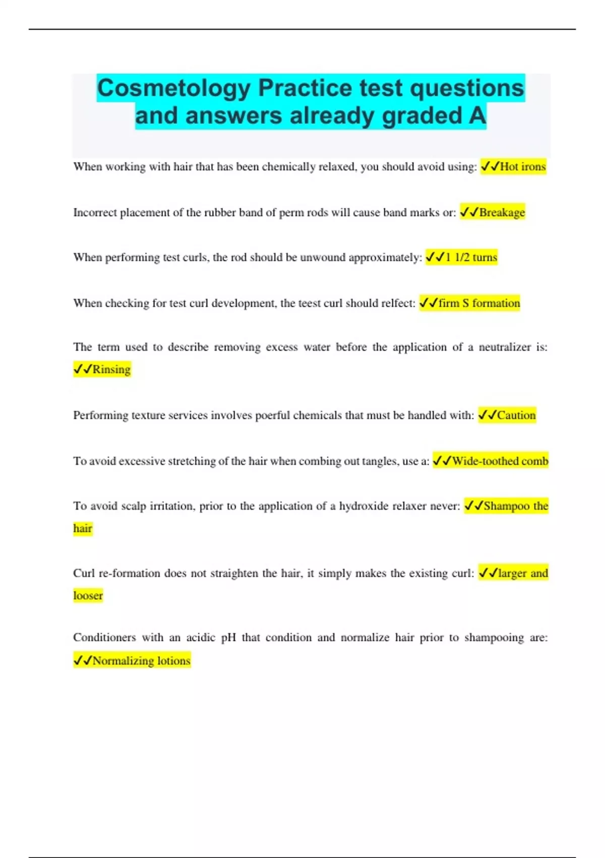 Cosmetology Practice test questions and answers already graded A ...
