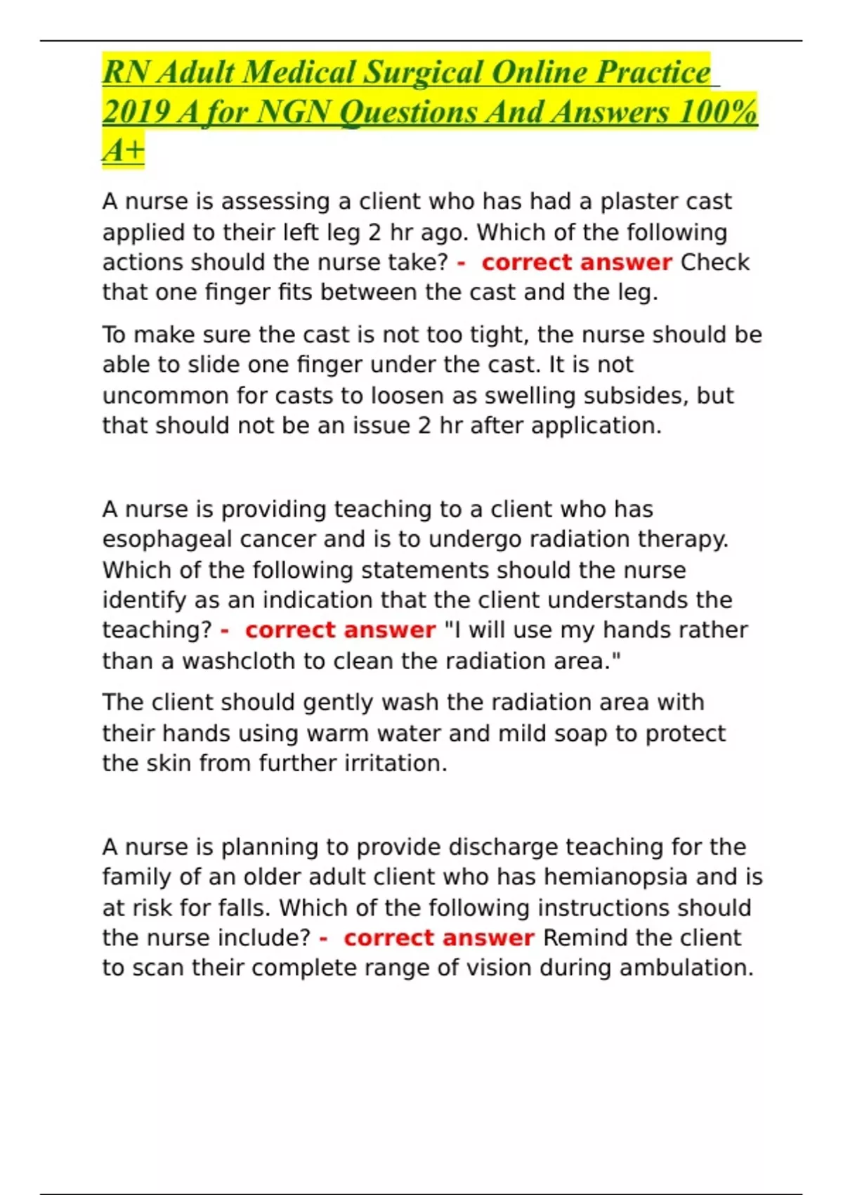 RN Adult Medical Surgical Online Practice 2019 A for NGN Questions And ...