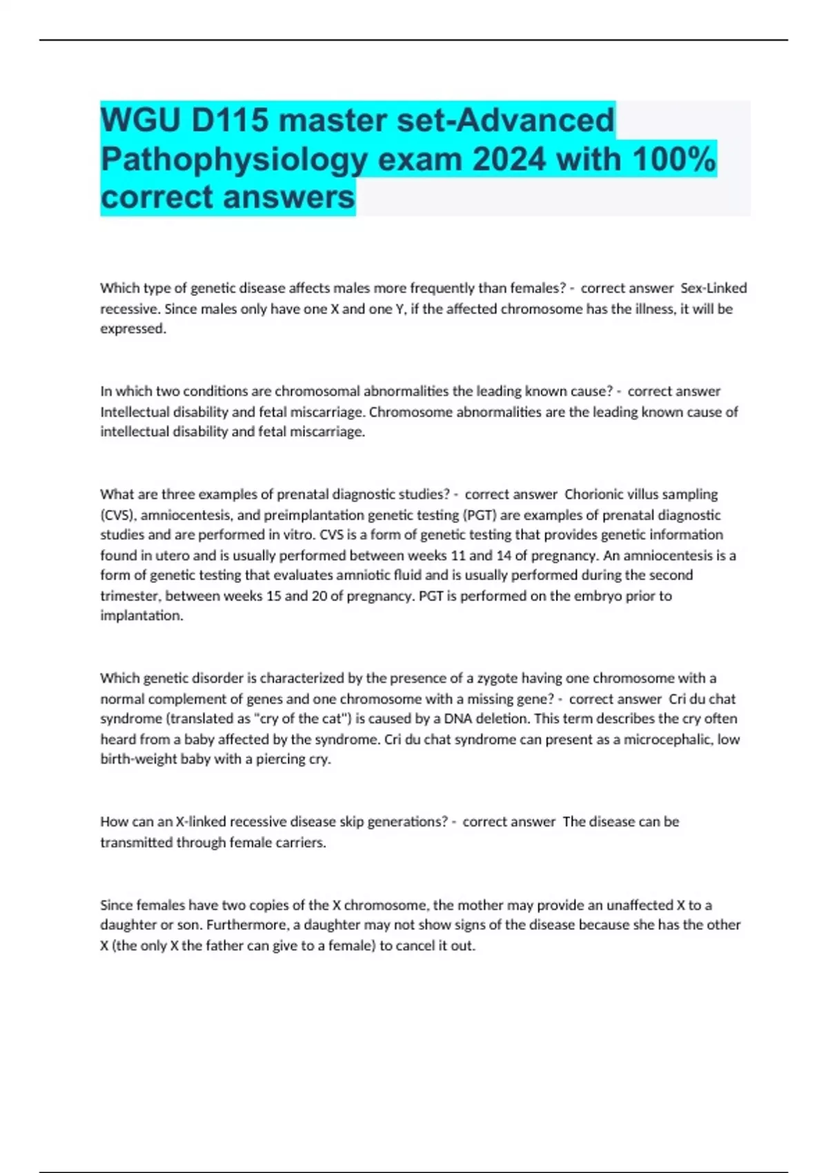 WGU D115 master set-Advanced Pathophysiology exam 2024 with 100% ...