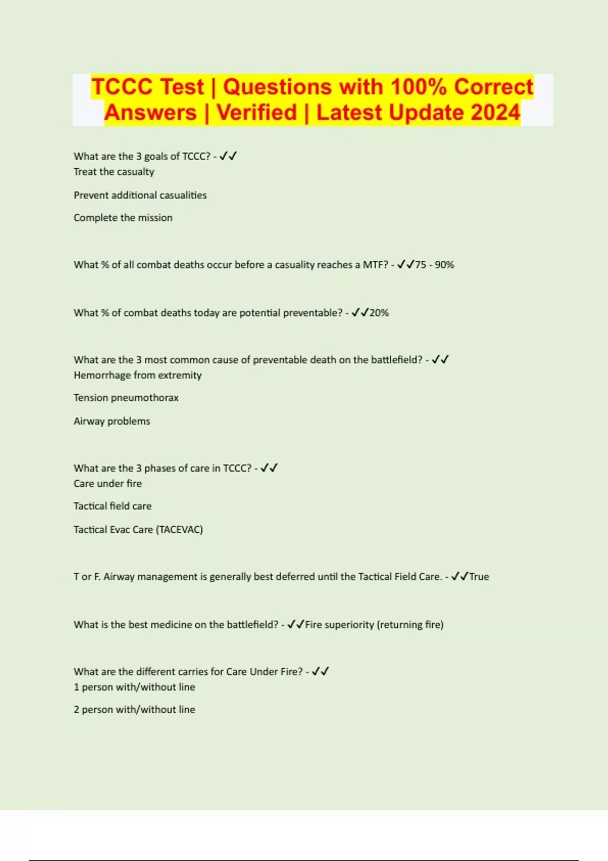 TCCC Test | Questions with 100% Correct Answers | Verified | Latest ...