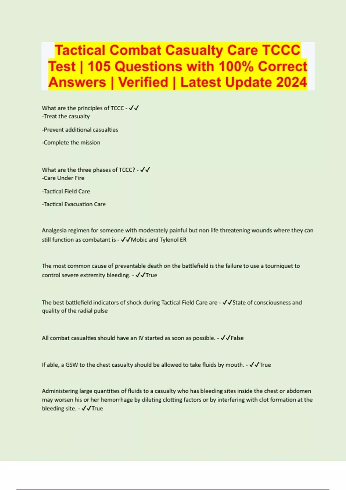 Tactical Combat Casualty Care TCCC Test | 105 Questions with 100% ...