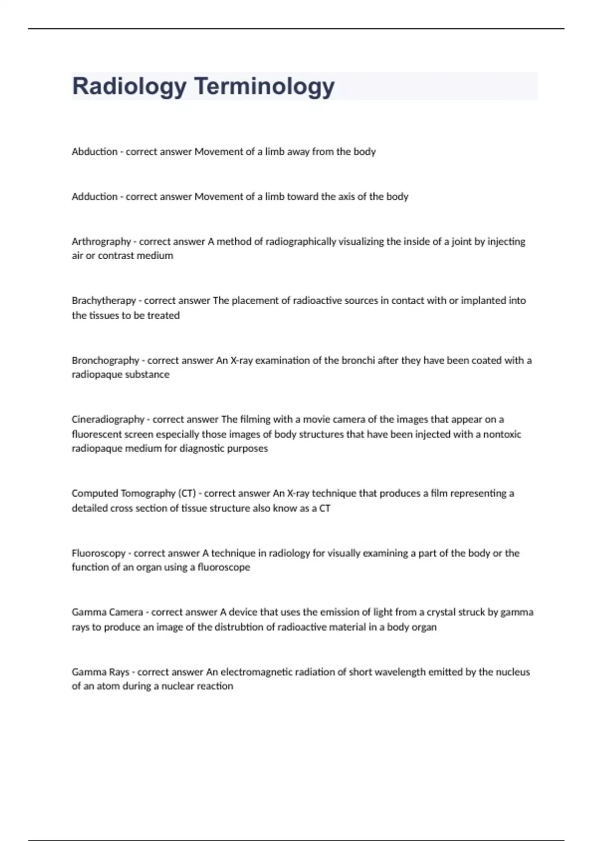 Radiology Terminology Question and answers 100% correct 2023/2024 ...
