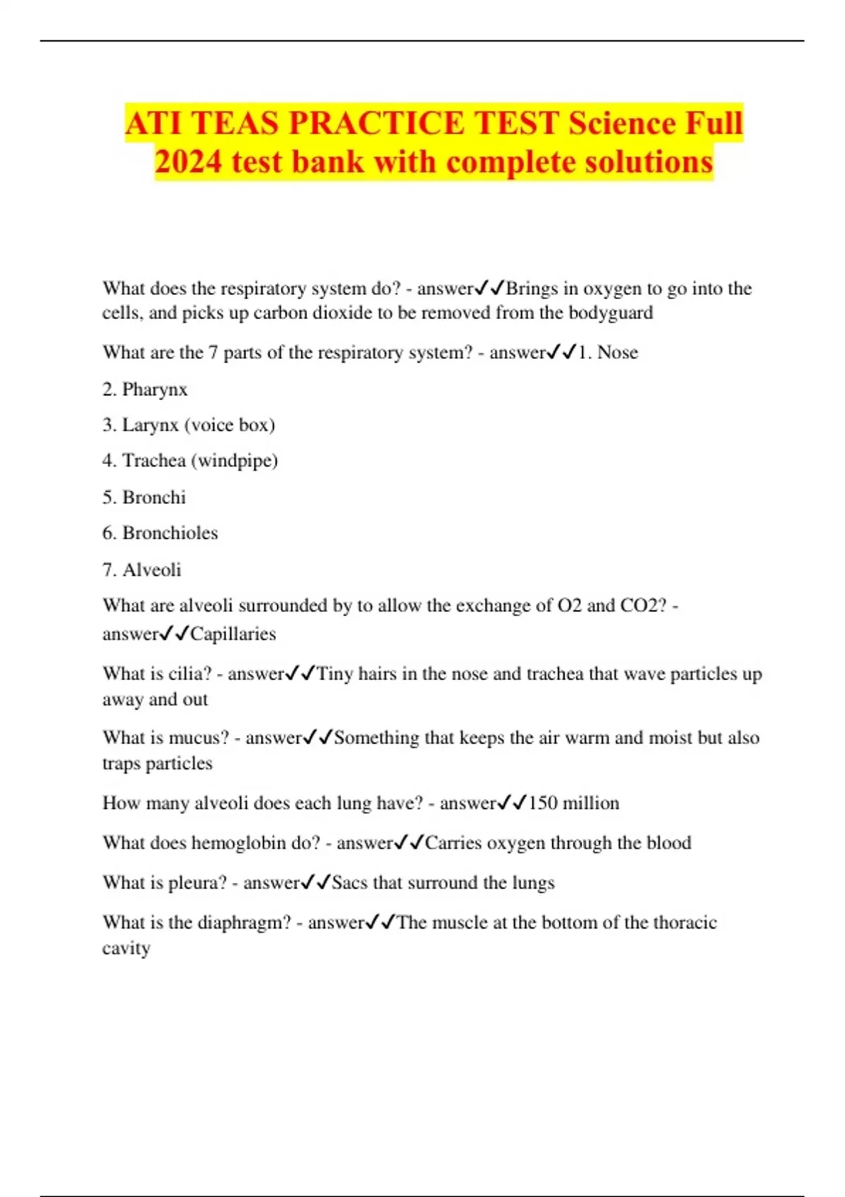 ATI TEAS PRACTICE TEST Science Full 2024 test bank with complete ...