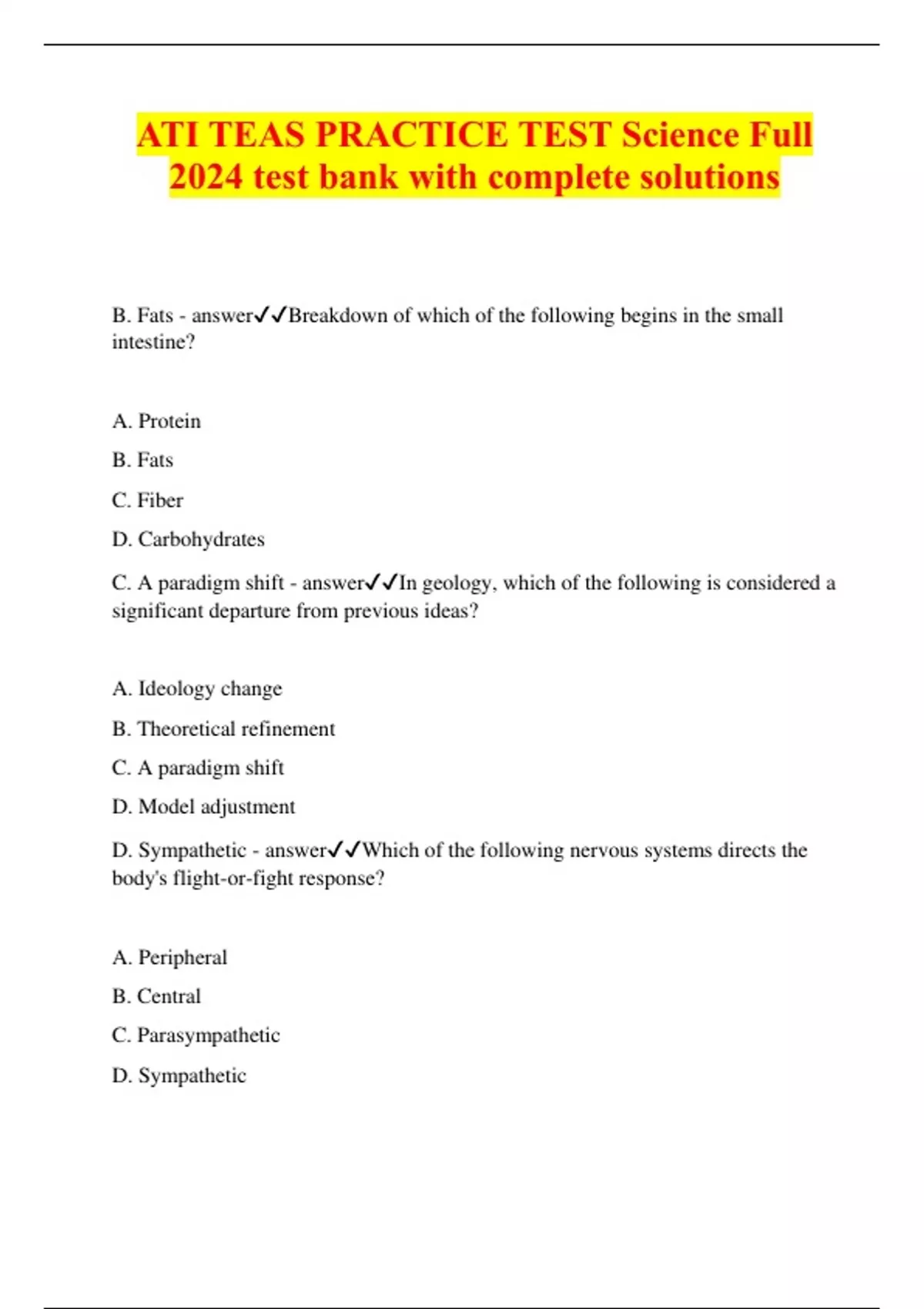 ATI TEAS PRACTICE TEST Science Full 2024 test bank with complete ...