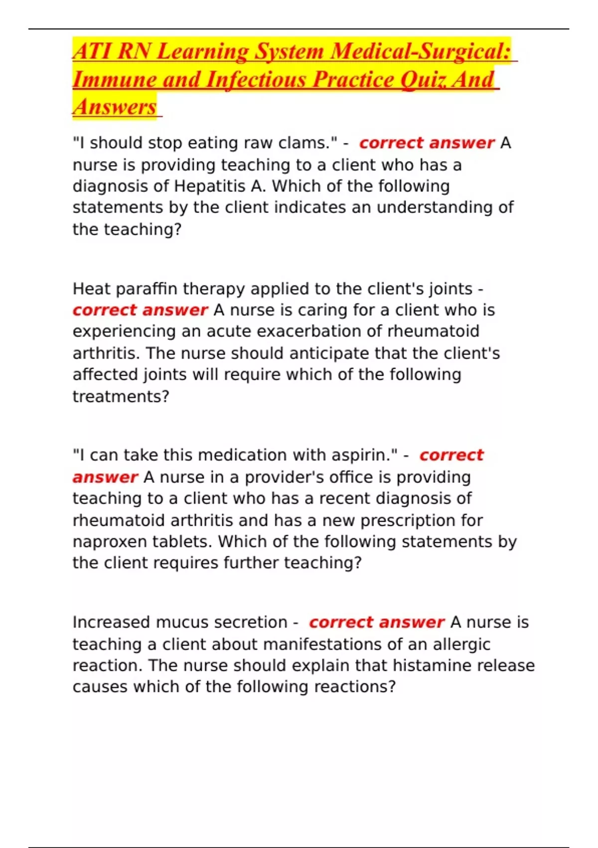 ATI RN Learning System Medical-Surgical: Immune and Infectious Practice ...