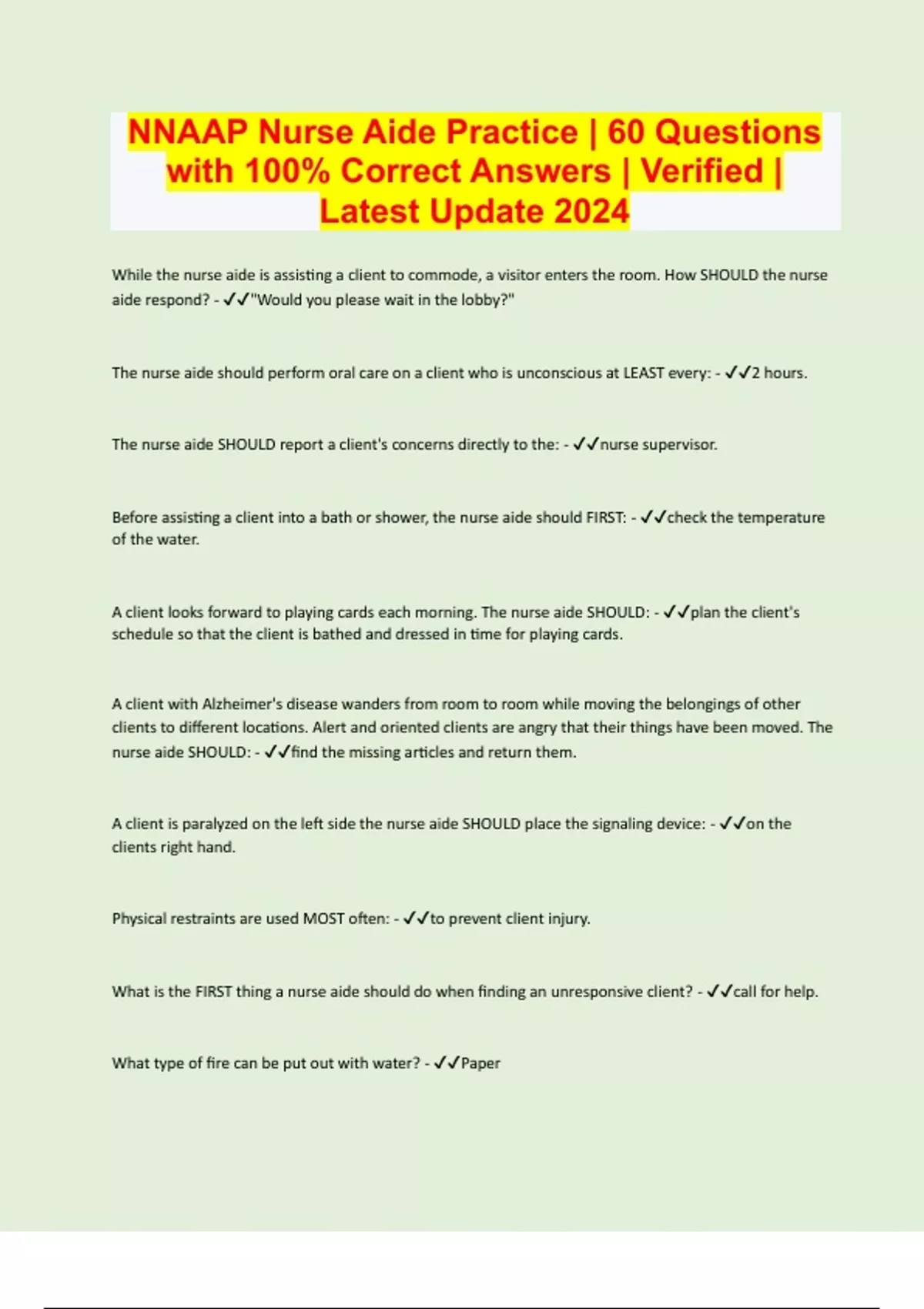 NNAAP Nurse Aide Practice | 60 Questions with 100% Correct Answers ...