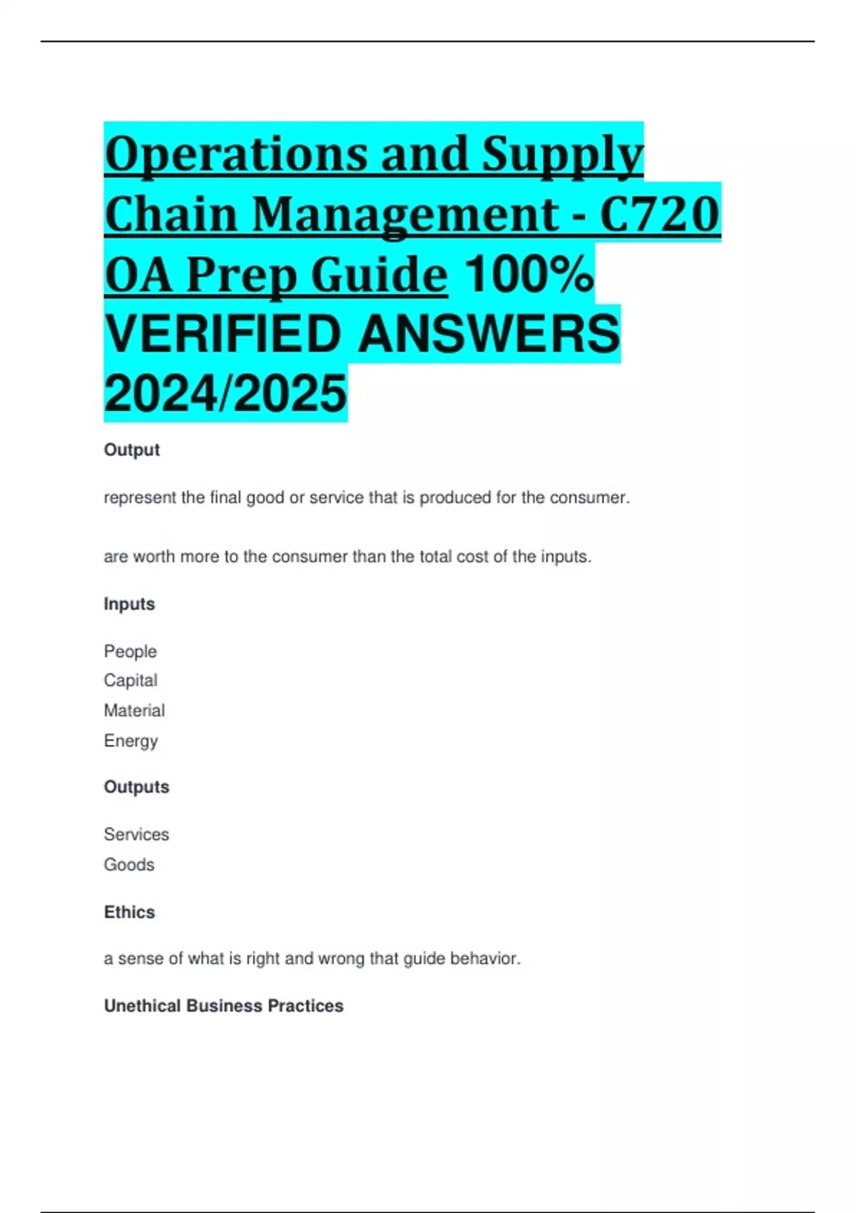 BEST REVIEW Operations and Supply Chain Management - C720 OA Prep Guide ...