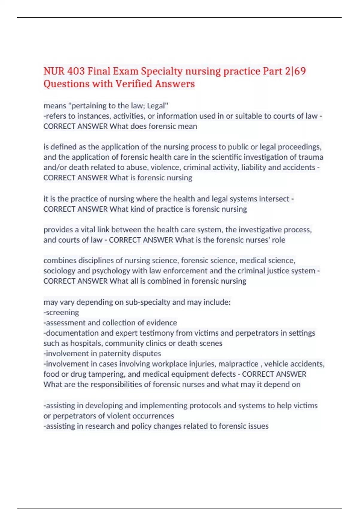 NUR 403 Final Exam Specialty nursing practice Part 2|69 Questions with Verified Answers,100% ...