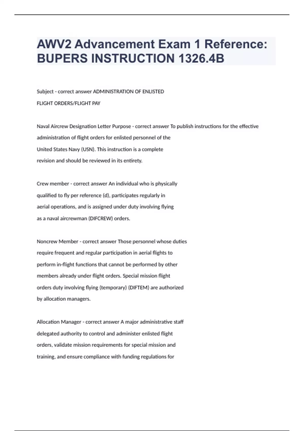 AWV2 Advancement Exam 1 Reference BUPERS INSTRUCTION 1326.4B Question ...