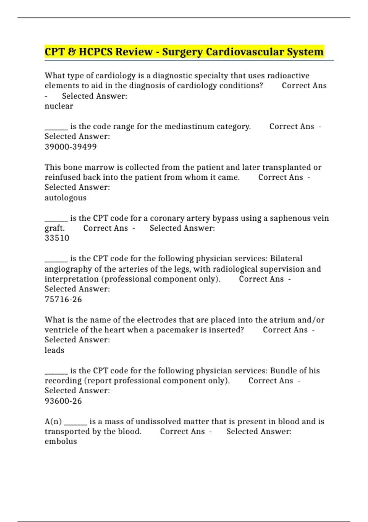 CPT & HCPCS Review - Surgery Cardiovascular System - HCPCS - Stuvia US