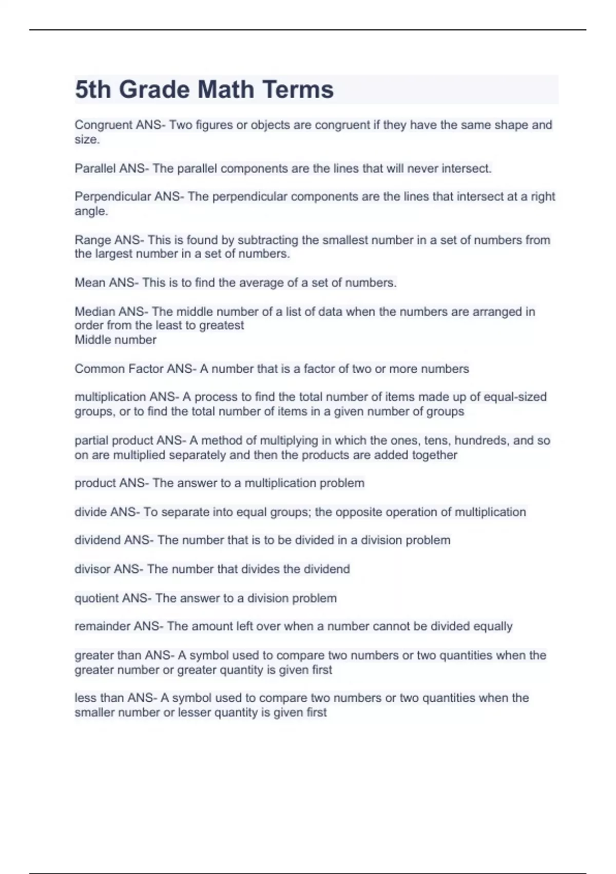 5th Grade Math Terms|Questions with correct Answers|100% verified - Lle ...