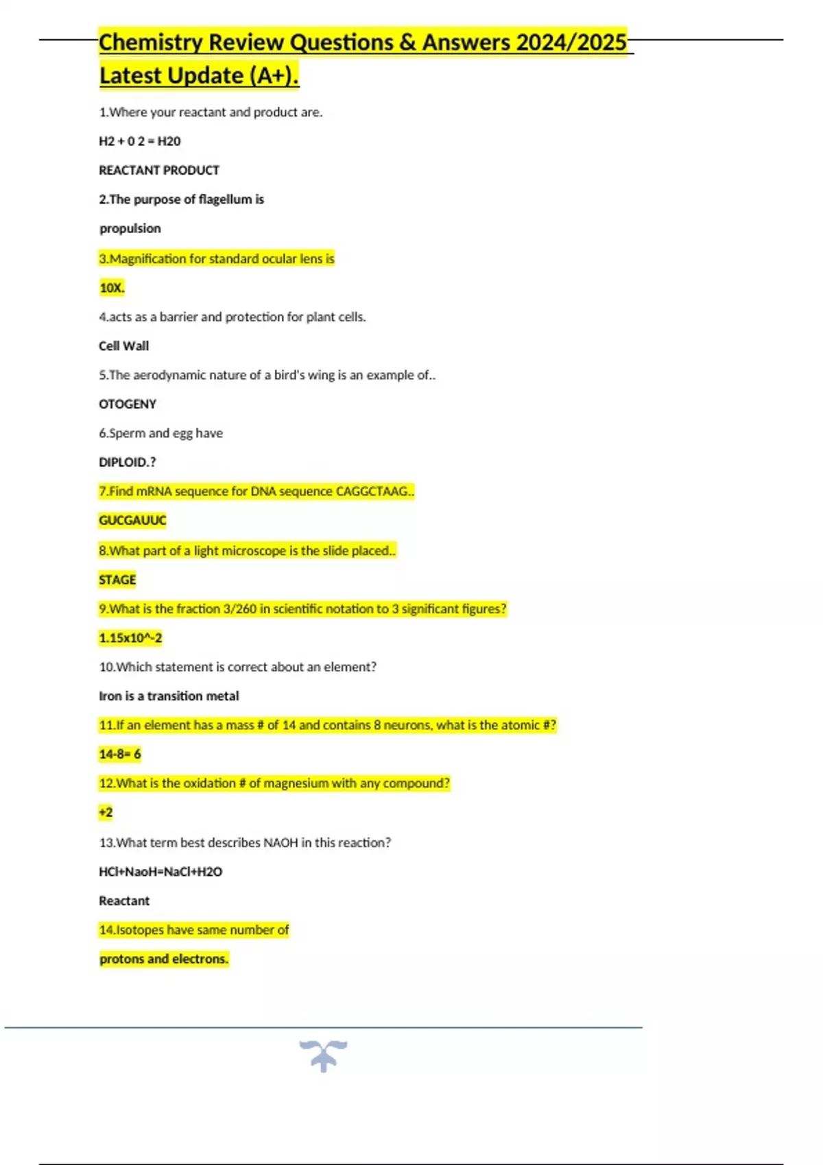 Chemistry Review Questions & Answers 2024/2025 Latest Update (A+ ...