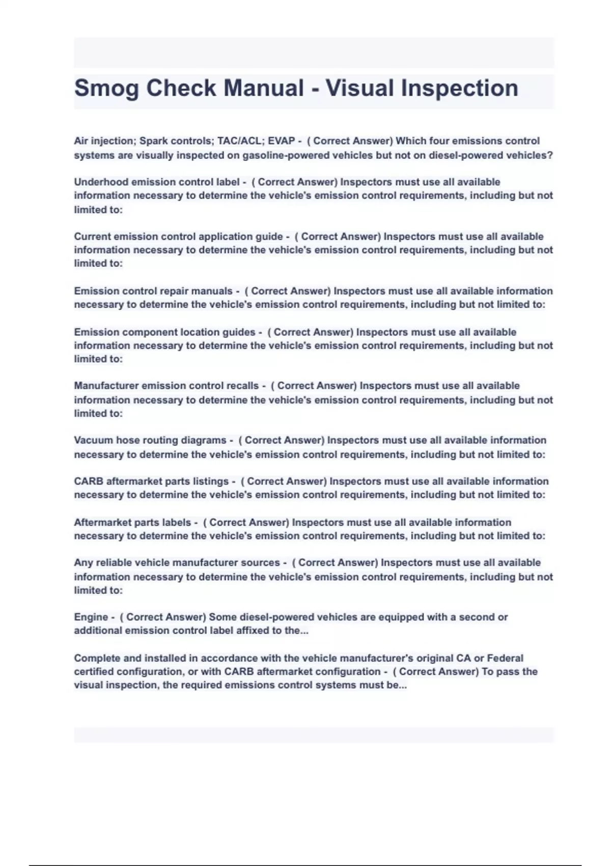 Smog Check Manual - Visual Inspection Exam Questions with Correct ...