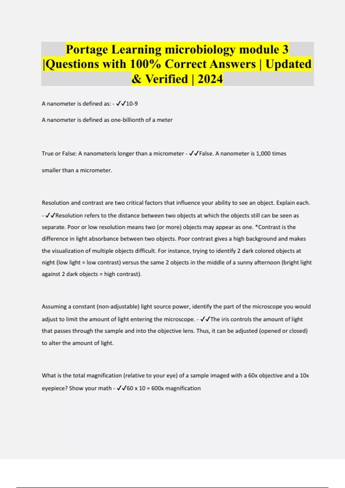 Portage Learning microbiology module 3 |Questions with 100% Correct Answers | Updated and ...