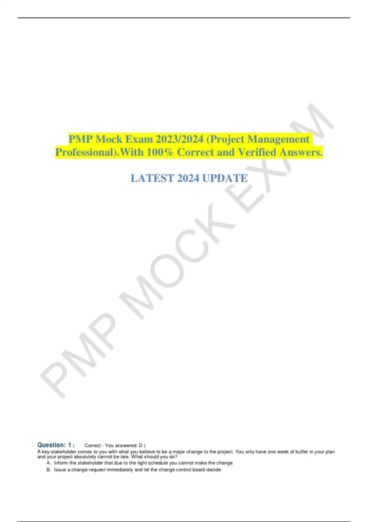 PMP Mock Exam 2023/2024 (Project Management Professional).With 100% ...