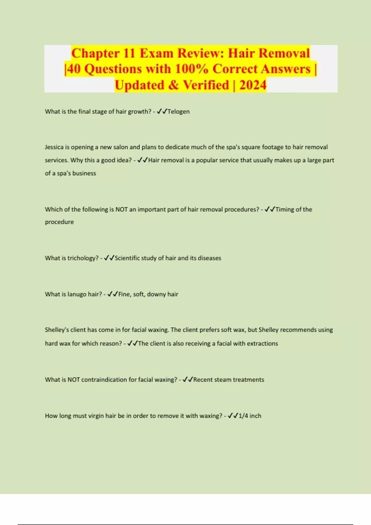 Chapter 11 Exam Review: Hair Removal |40 Questions with 100% Correct ...