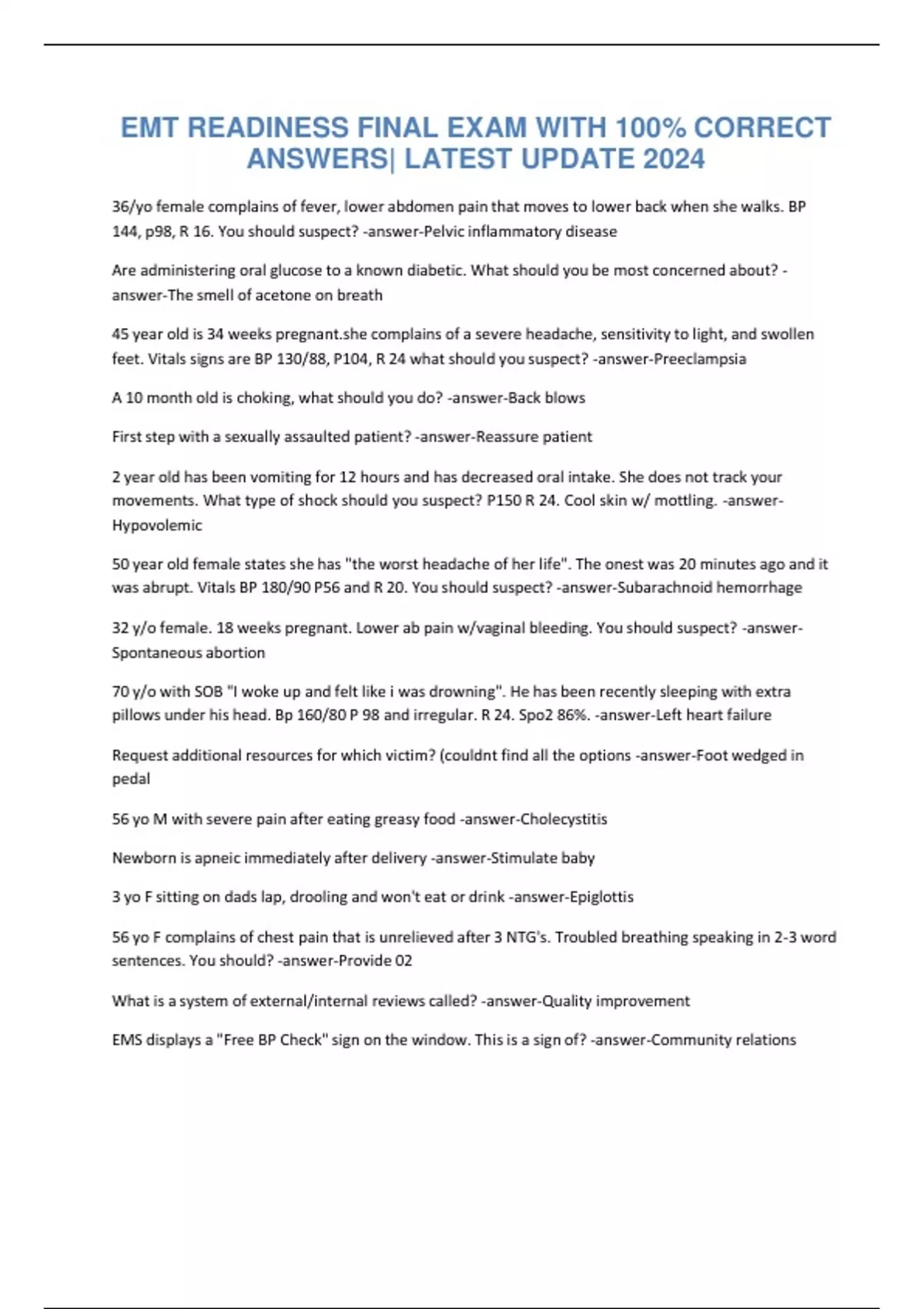 EMT READINESS FINAL EXAM WITH 100% CORRECT ANSWERS| LATEST UPDATE 2024 ...