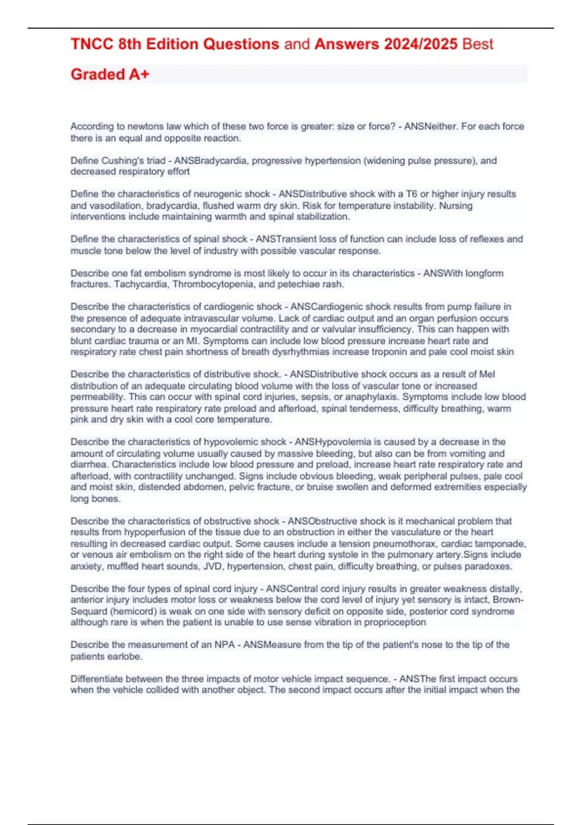 TNCC 9TH EDITION EXAM LATEST COMPLETE 80 QUESTIONS AND CORRECT DETAILED ...