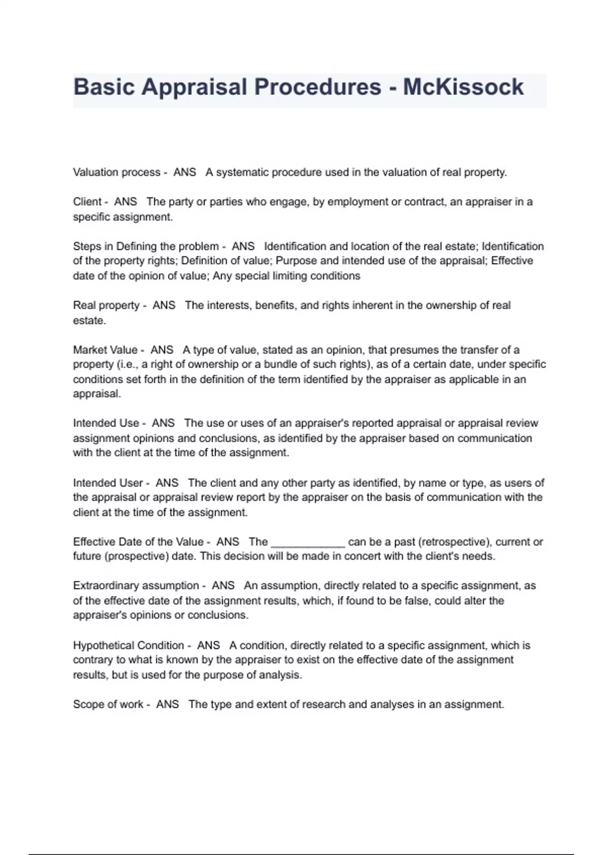 Basic Appraisal Procedures - McKissock Exam Questions And Answers ...