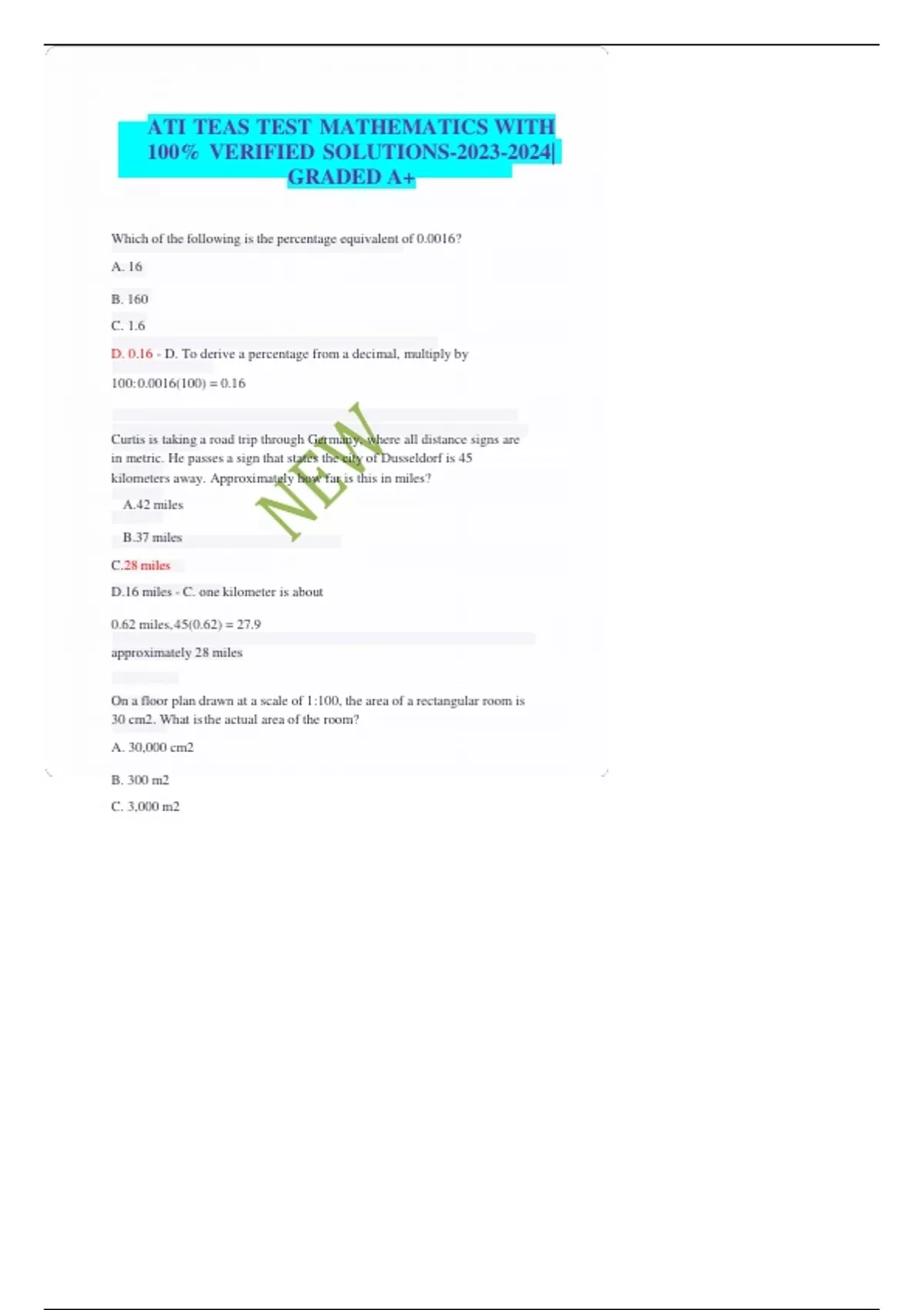 ATI TEAS TEST MATHEMATICS WITH 100% VERIFIED SOLUTIONS-| GRADED A+ ...