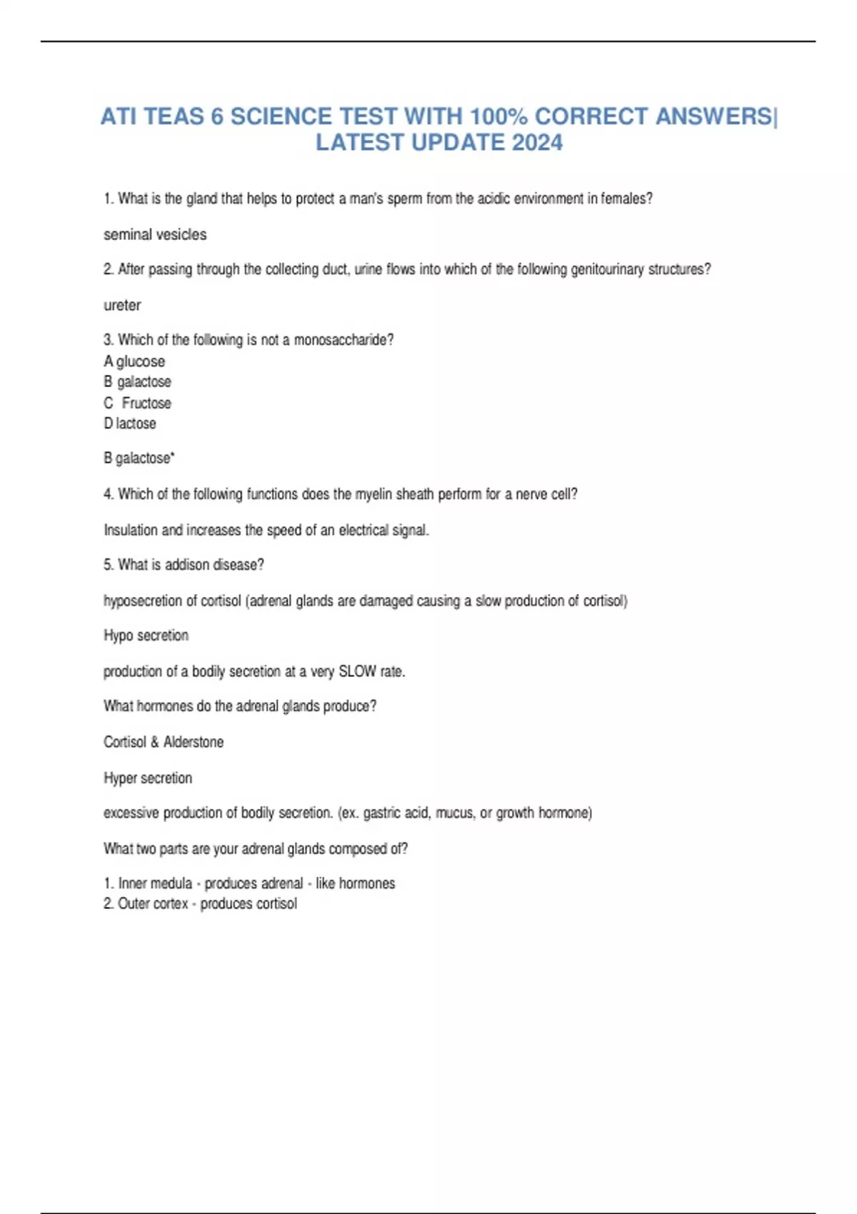 ATI TEAS 6 SCIENCE TEST WITH 100% CORRECT ANSWERS| LATEST UPDATE 2024 ...