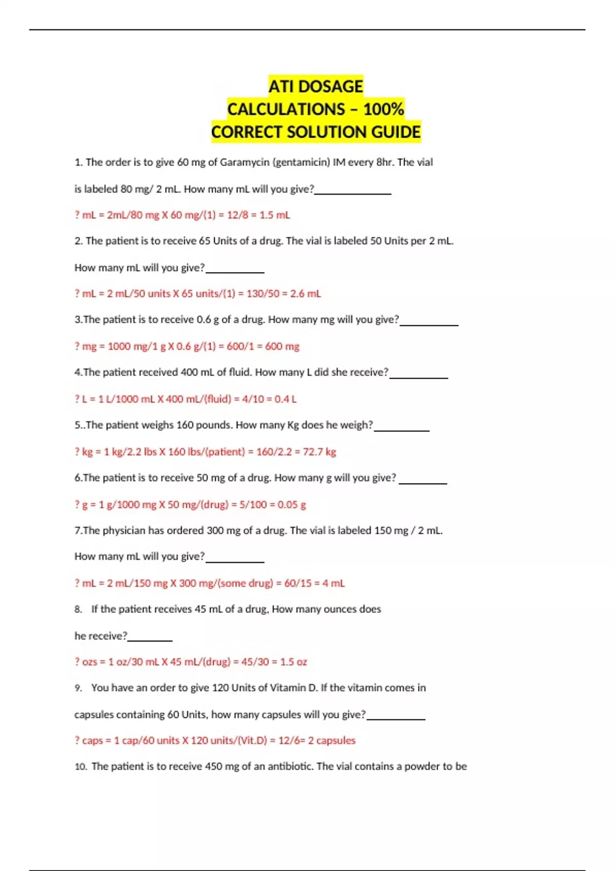 ATI DOSAGE CALCULATIONS – 100% CORRECT SOLUTION GUIDE - ATI - Stuvia US