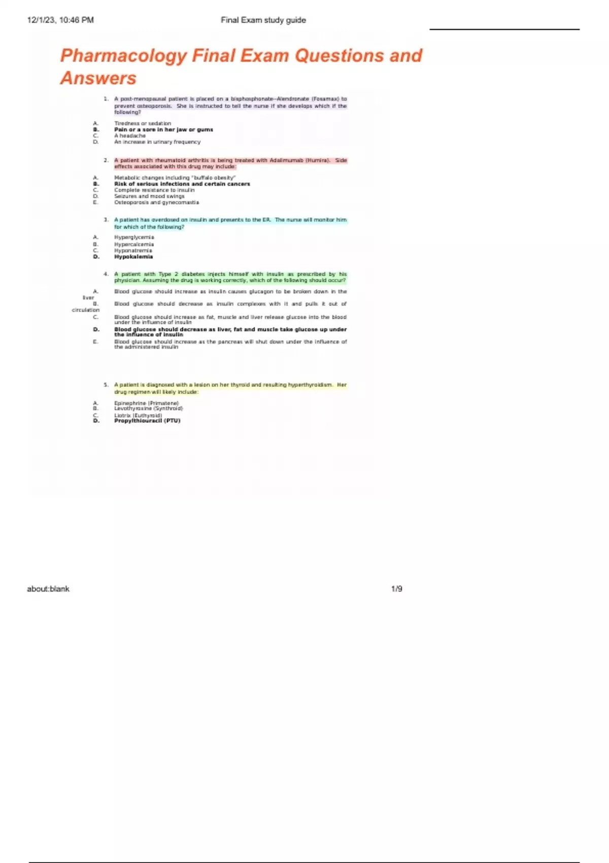 Pharmacology Final Exam practice Questions and Answers - Pharmacology ...