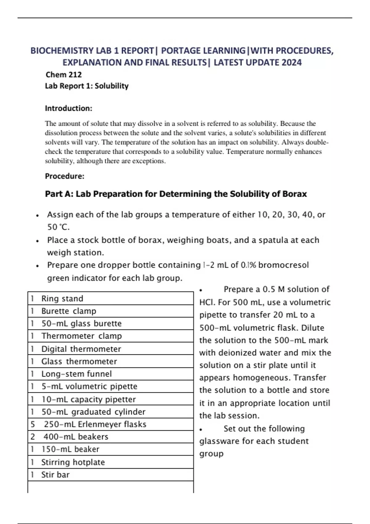 BIOCHEMISTRY LAB 1 REPORT| PORTAGE LEARNING|WITH PROCEDURES ...