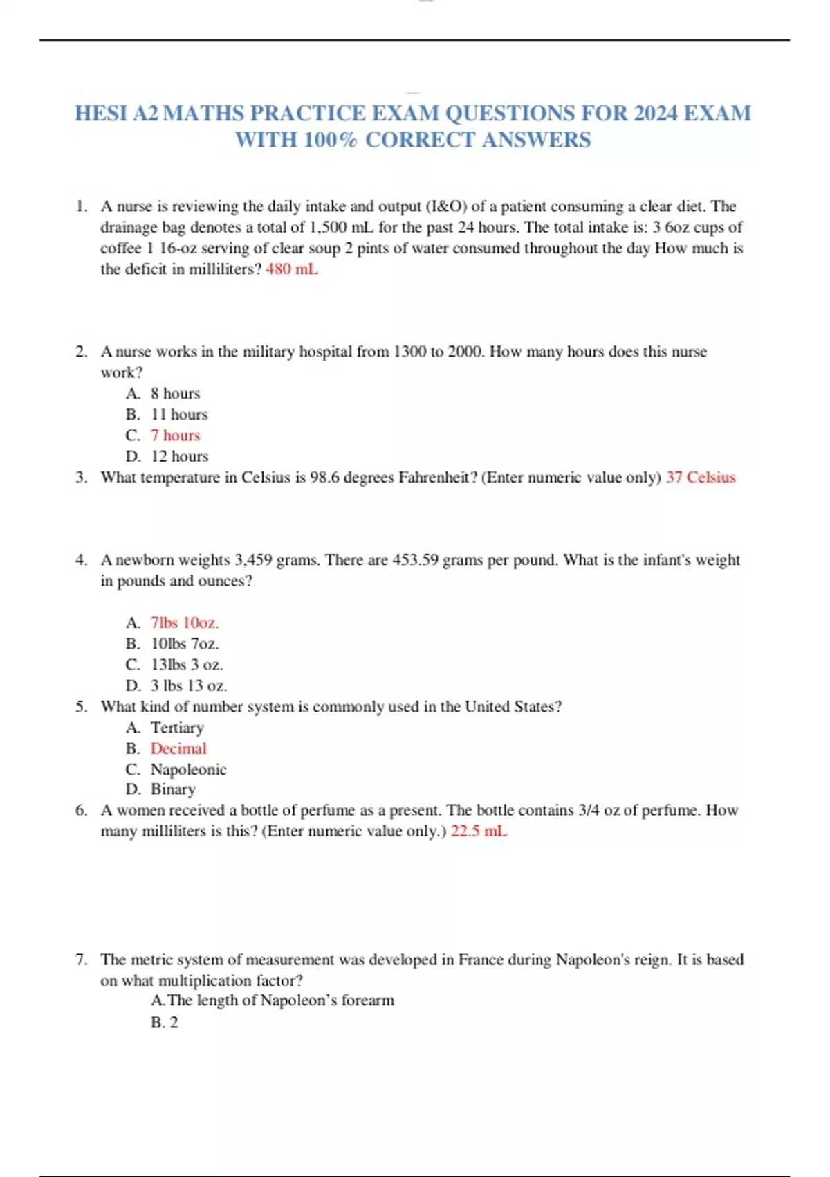 HESI A2 MATHS PRACTICE EXAM QUESTIONS FOR 2024 EXAM WITH 100% CORRECT ...
