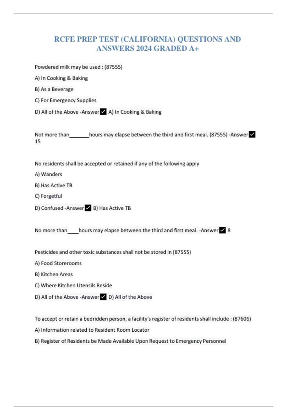 RCFE PREP TEST (CALIFORNIA) QUESTIONS AND ANSWERS 2024 GRADED A+ - Rcfe ...