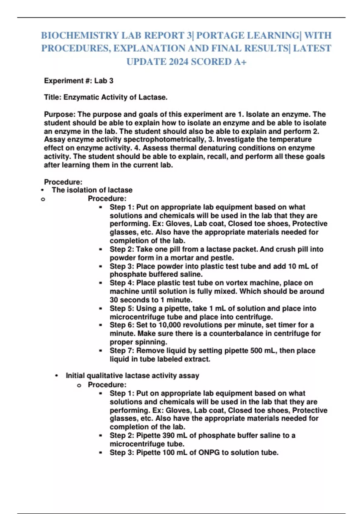BIOCHEMISTRY LAB 1 TO 9 REPORTS| PORTAGE LEARNING|WITH PROCEDURES ...
