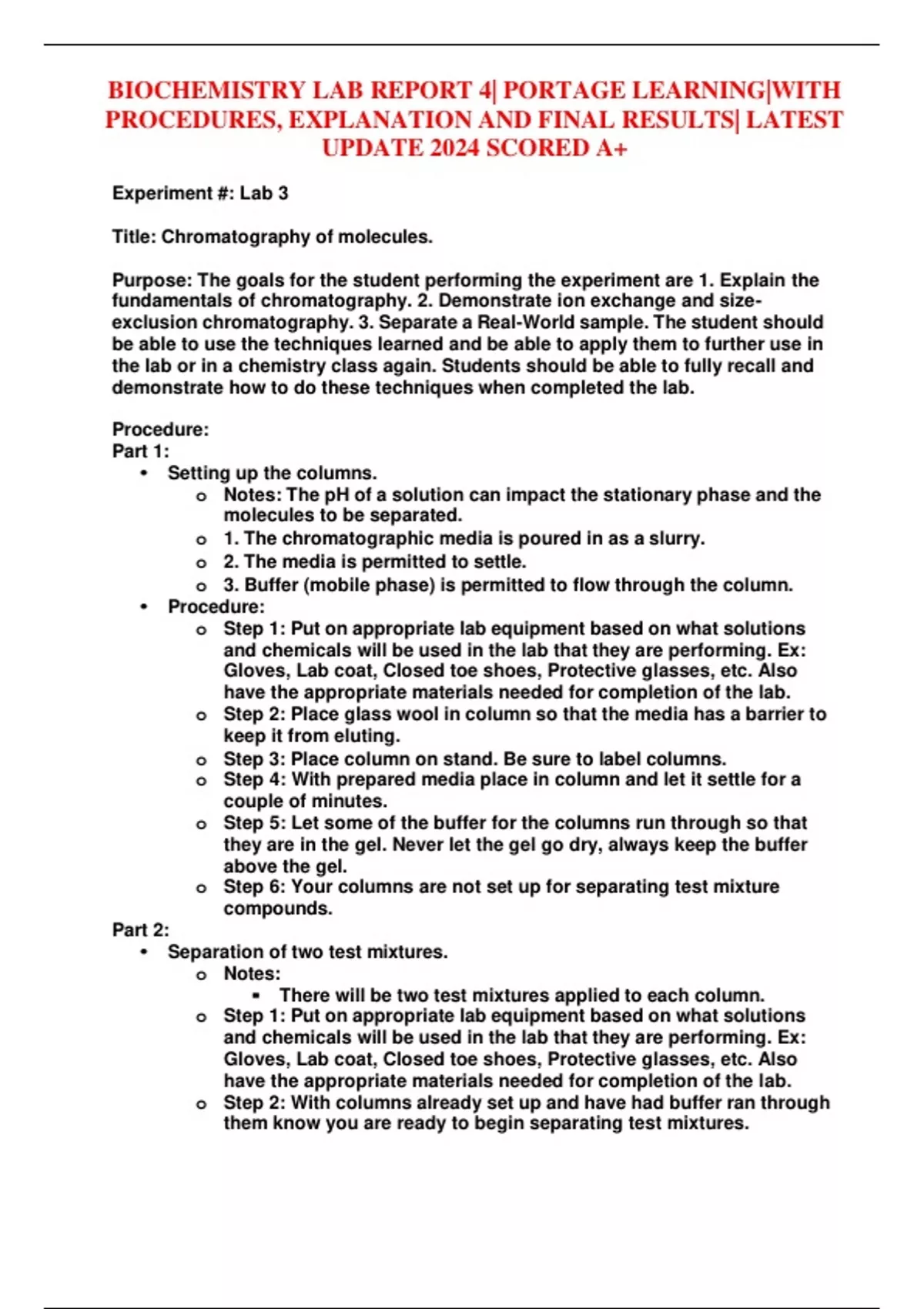 BIOCHEMISTRY LAB REPORT 4| PORTAGE LEARNING|WITH PROCEDURES ...