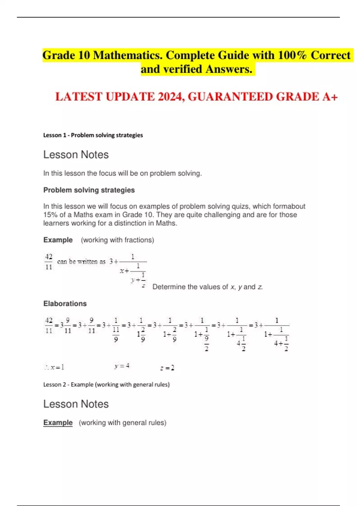 Grade 10 Mathematics. Complete Guide with 100% Correct and verified ...