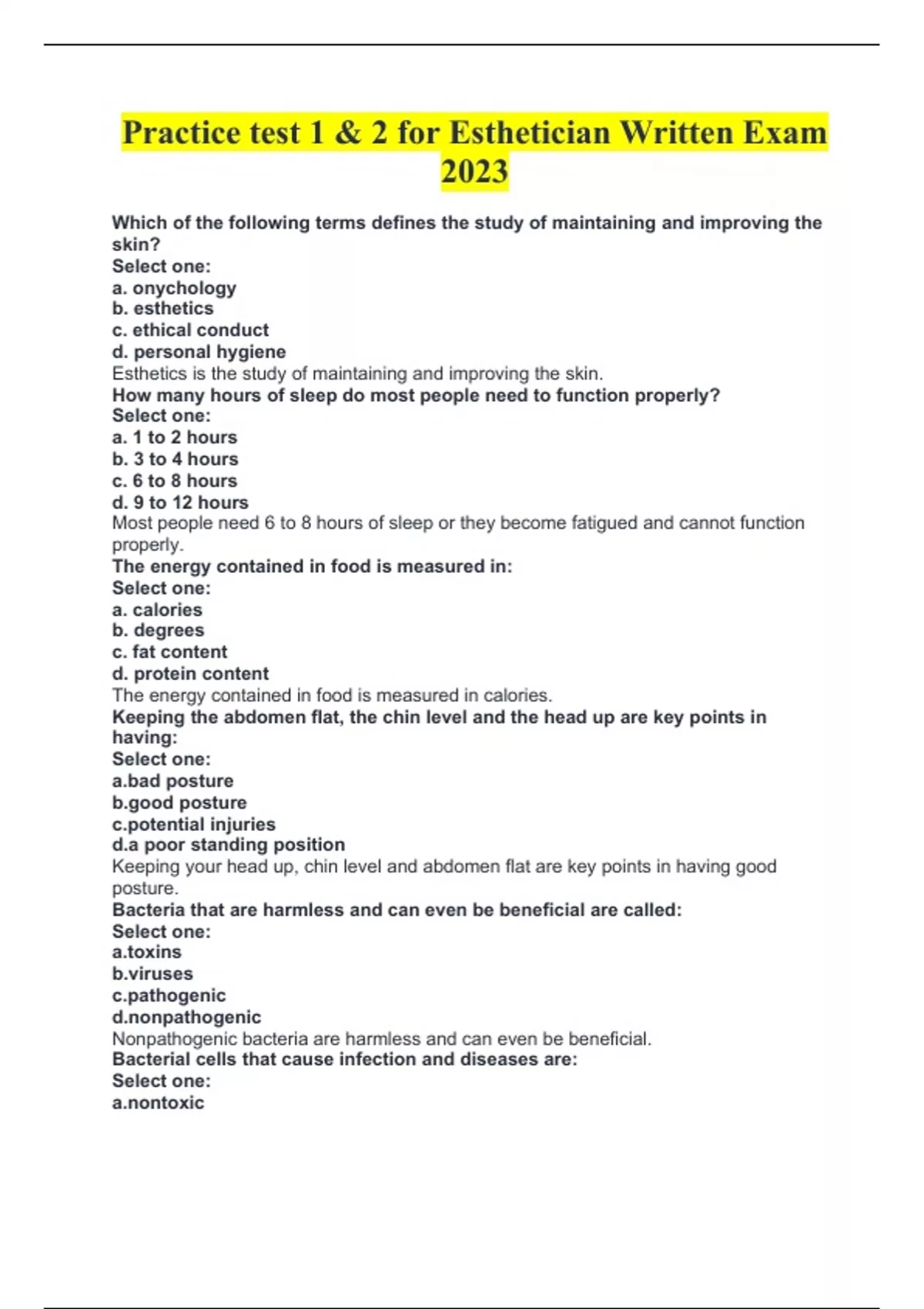 Practice test 1 & 2 for Esthetician Written Exam 2023 - Master ...