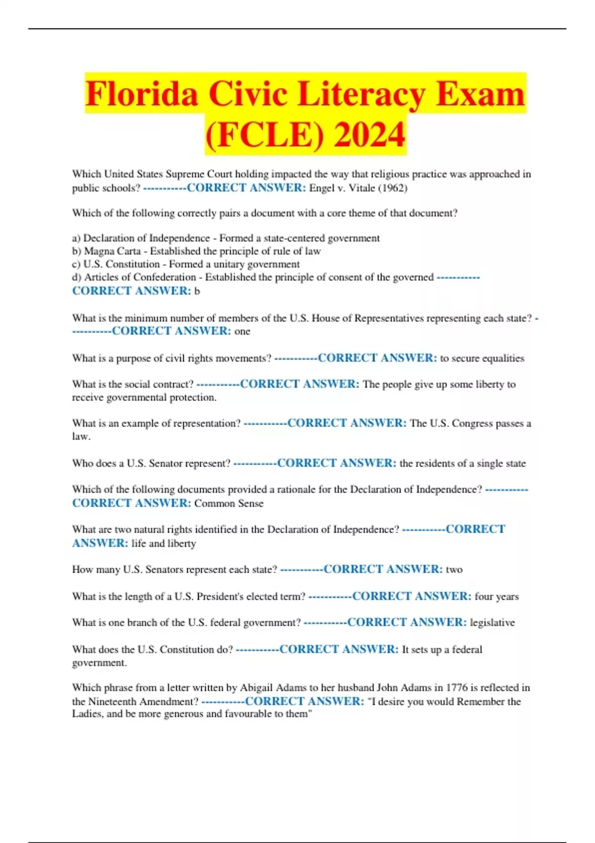 Florida Civic Literacy Exam (FCLE) 2024 - CIVIL LAW - Stuvia US