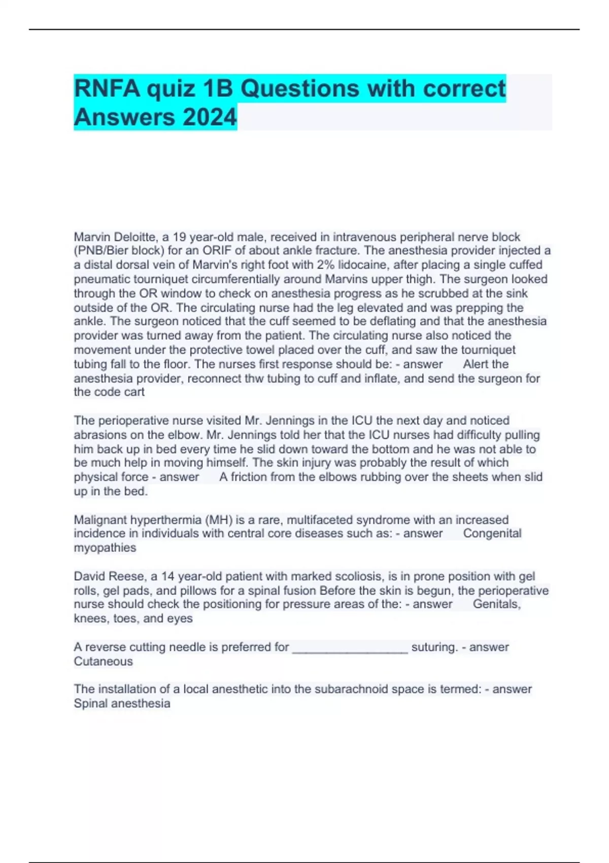 RNFA quiz 1B Questions with correct Answers 2024 - RNFA - Stuvia US