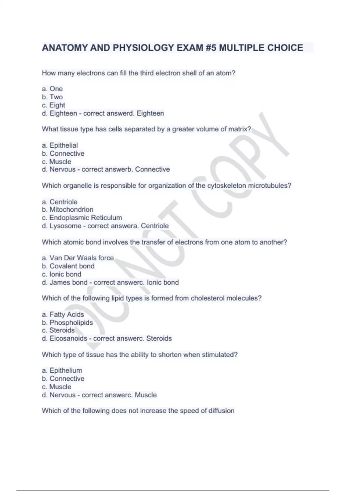 ANATOMY AND PHYSIOLOGY EXAM #5 MULTIPLE CHOICE - Human anatomy and ...