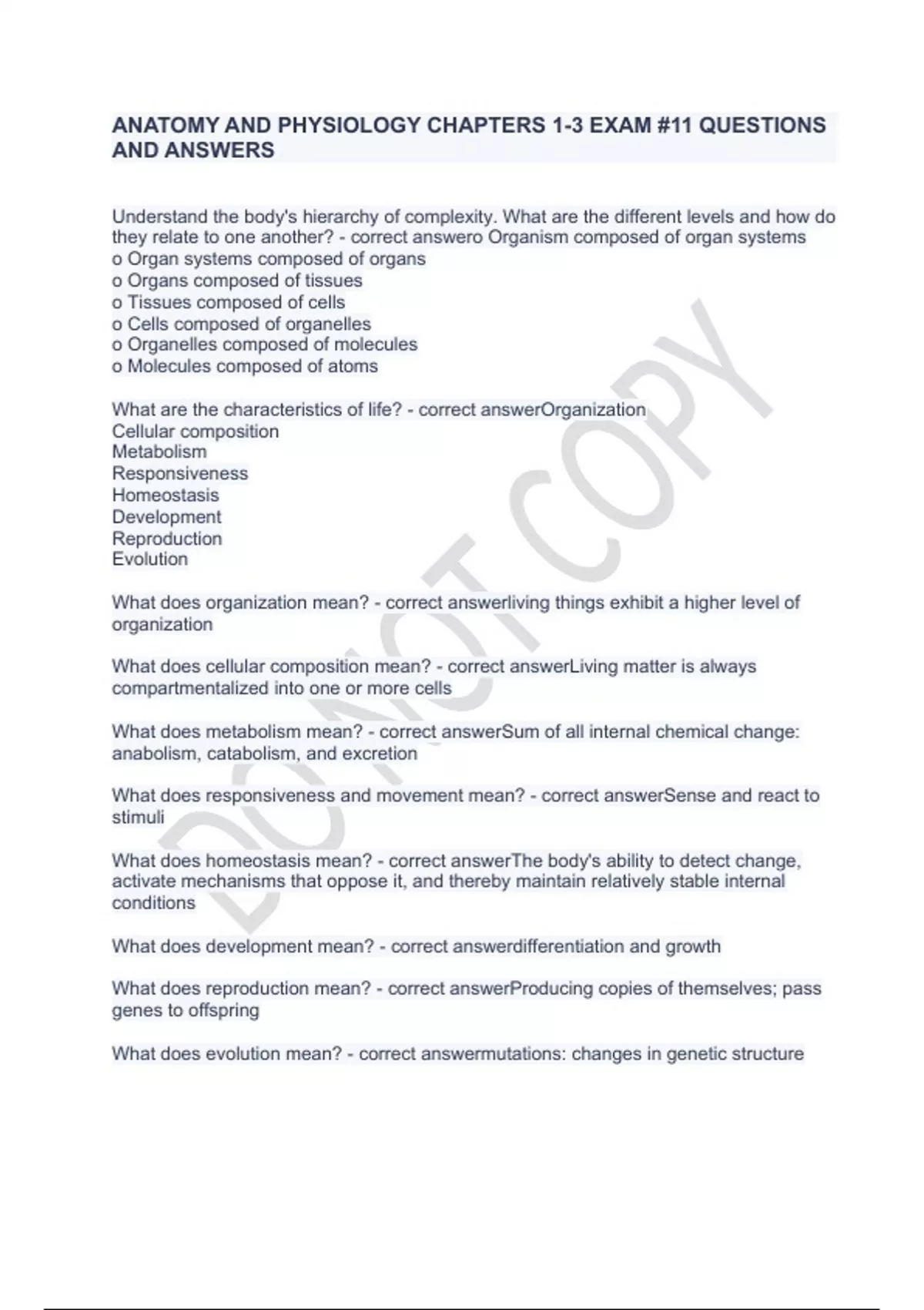 ANATOMY AND PHYSIOLOGY CHAPTERS 1-3 EXAM #11 QUESTIONS AND ANSWERS ...