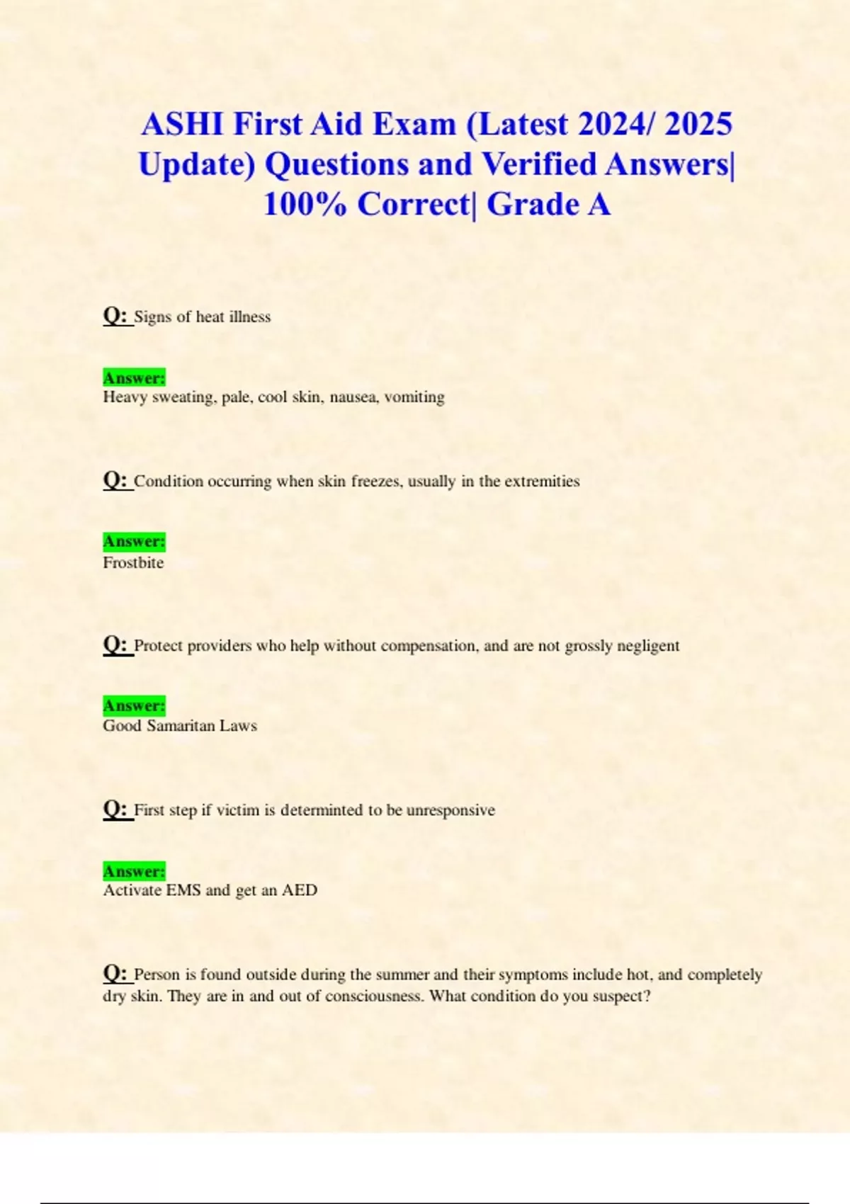 ASHI First Aid Exam (Latest 2024/ 2025 Update) Questions and Verified ...