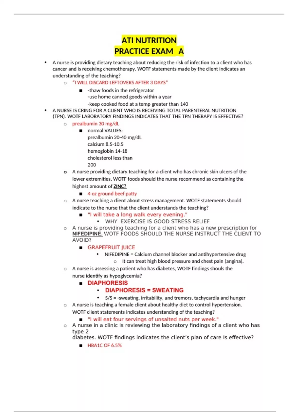 ATI NUTRITION PRACTICE EXAM A - ATI NUTRITION - Stuvia US
