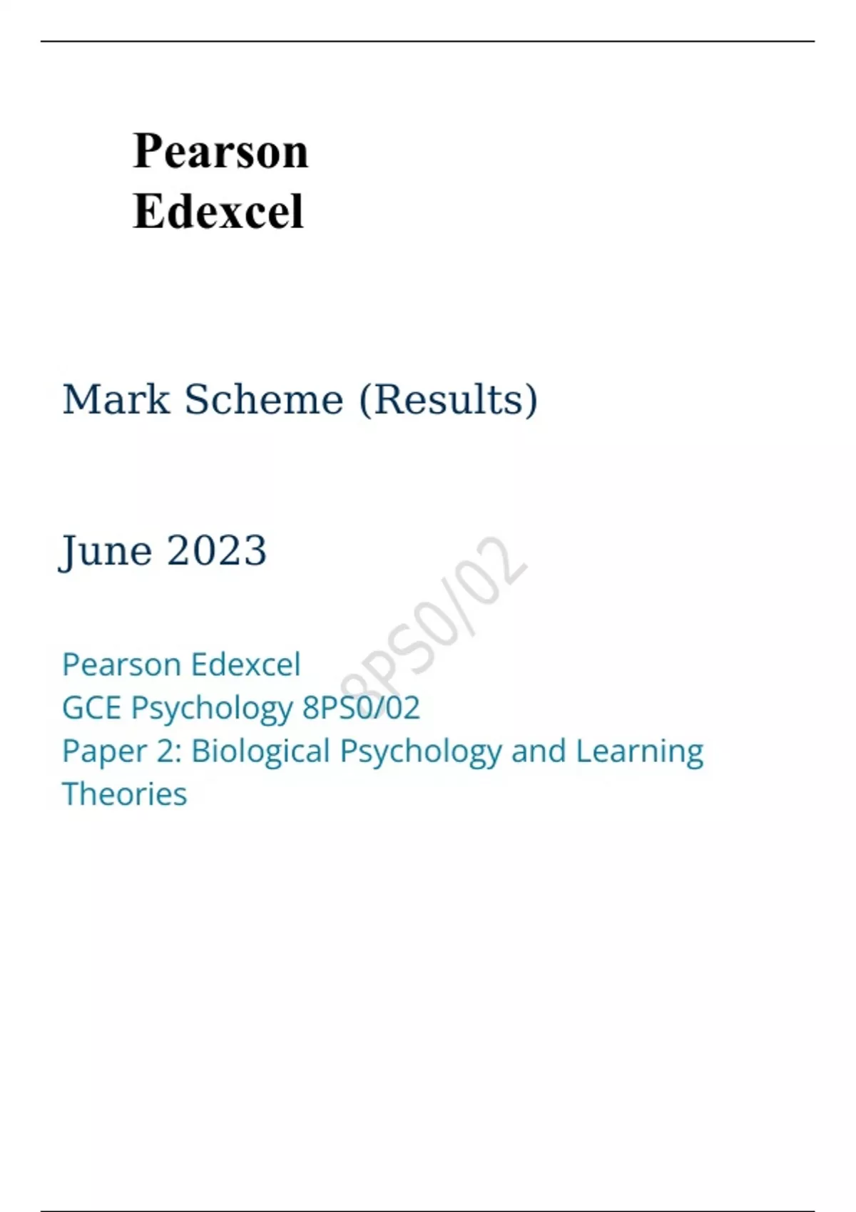 Pearson Edexcel AS Psychology paper 2 QUESTION PAPER and MARK SCHEME ...