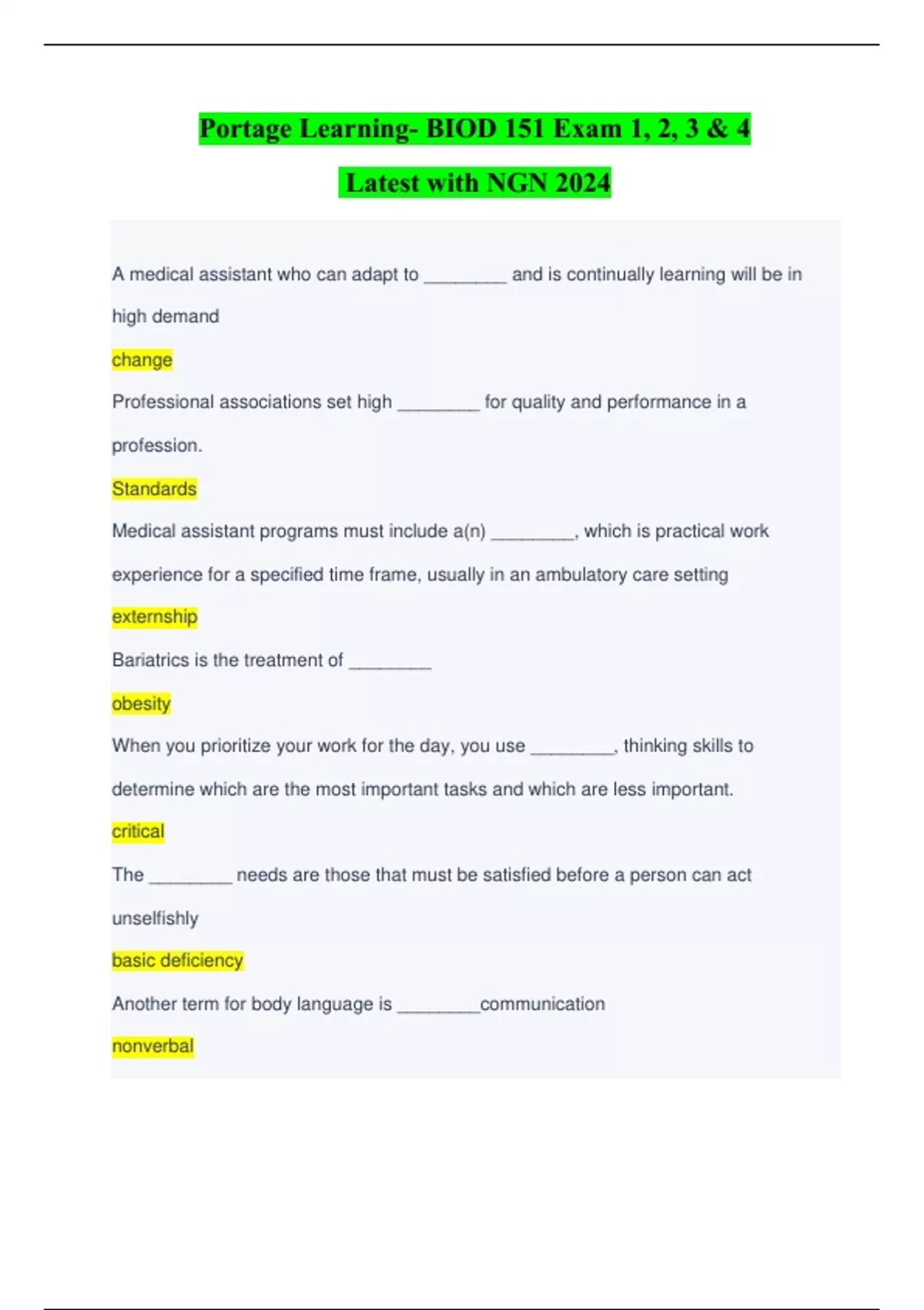 Portage Learning- BIOD 151 Exam 1, 2, 3 & 4 Latest with NGN 2024 - BIOD ...