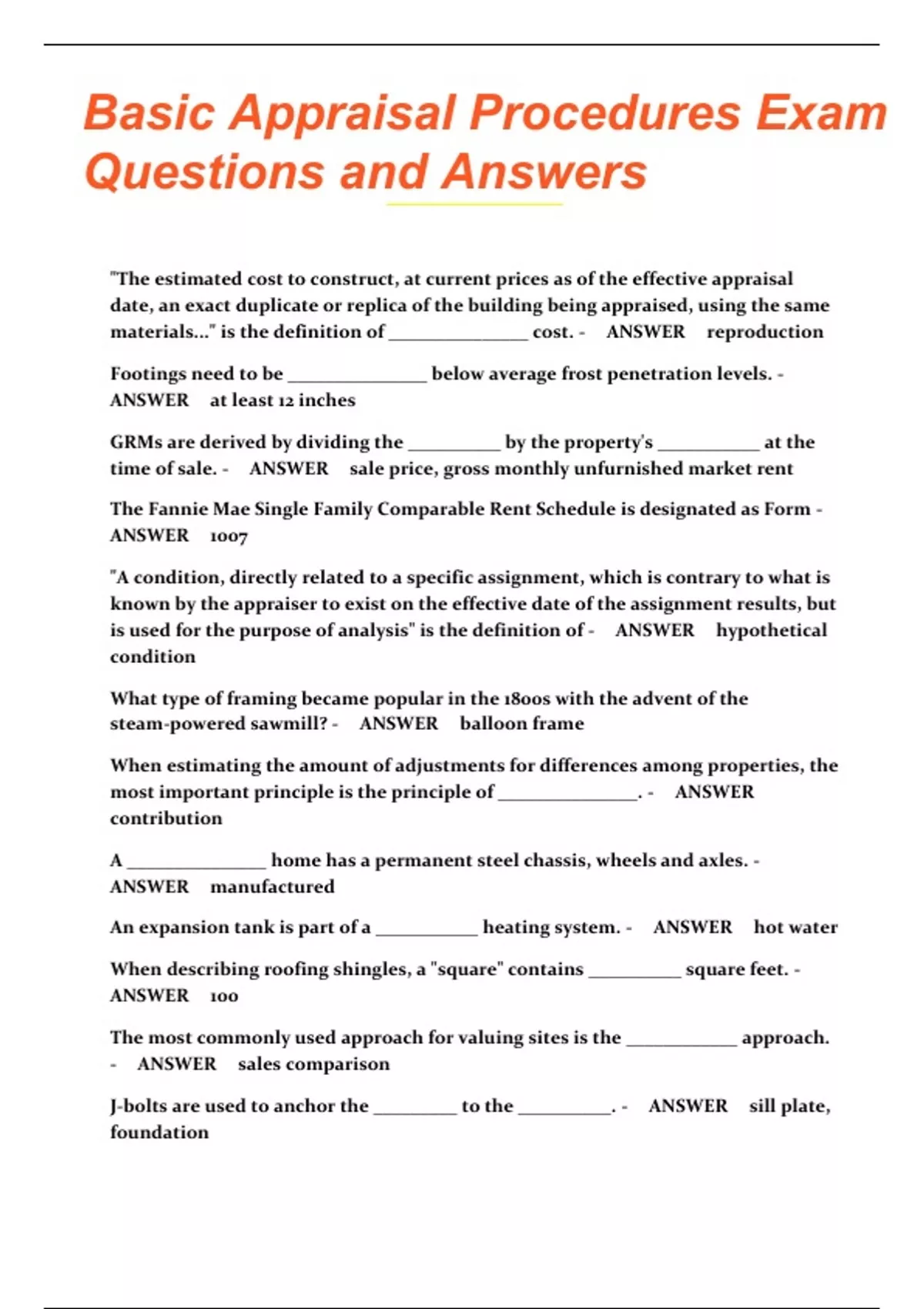 Basic Appraisal Procedures Exam Questions and Answers - Basic Appraisal ...